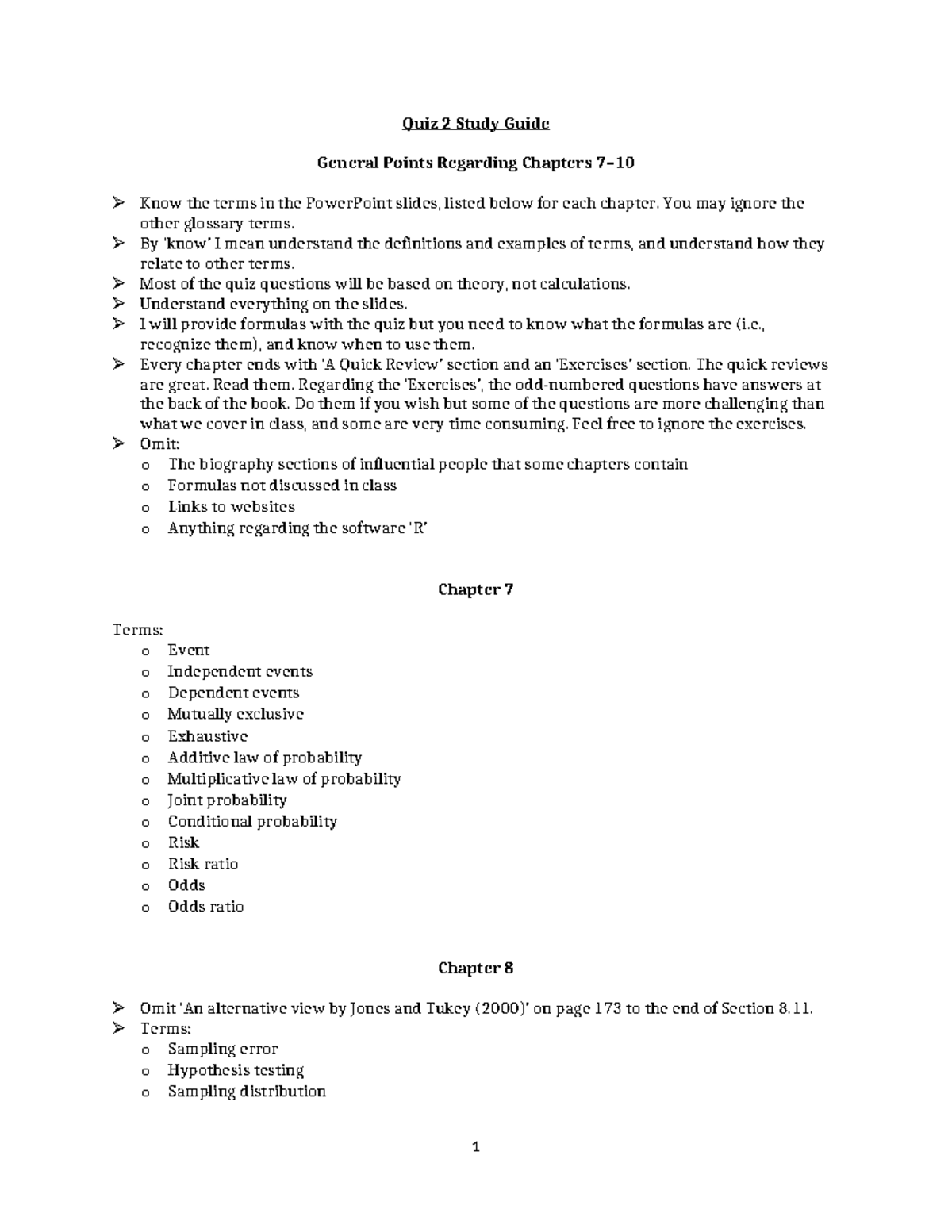 PSYC 60 Quiz 2 Study Guide - Quiz 2 Study Guide General Points Regarding Chapters 7– Know the ...