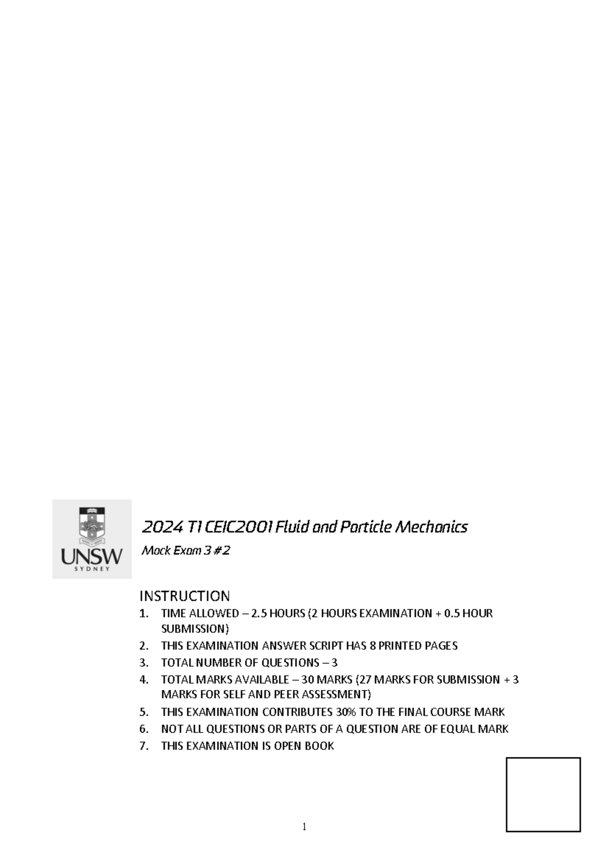 CEIC2001 T1 Exam 3 #2 - 2024 T 1 CEIC2001 Fluid and Particle Mechanics ...