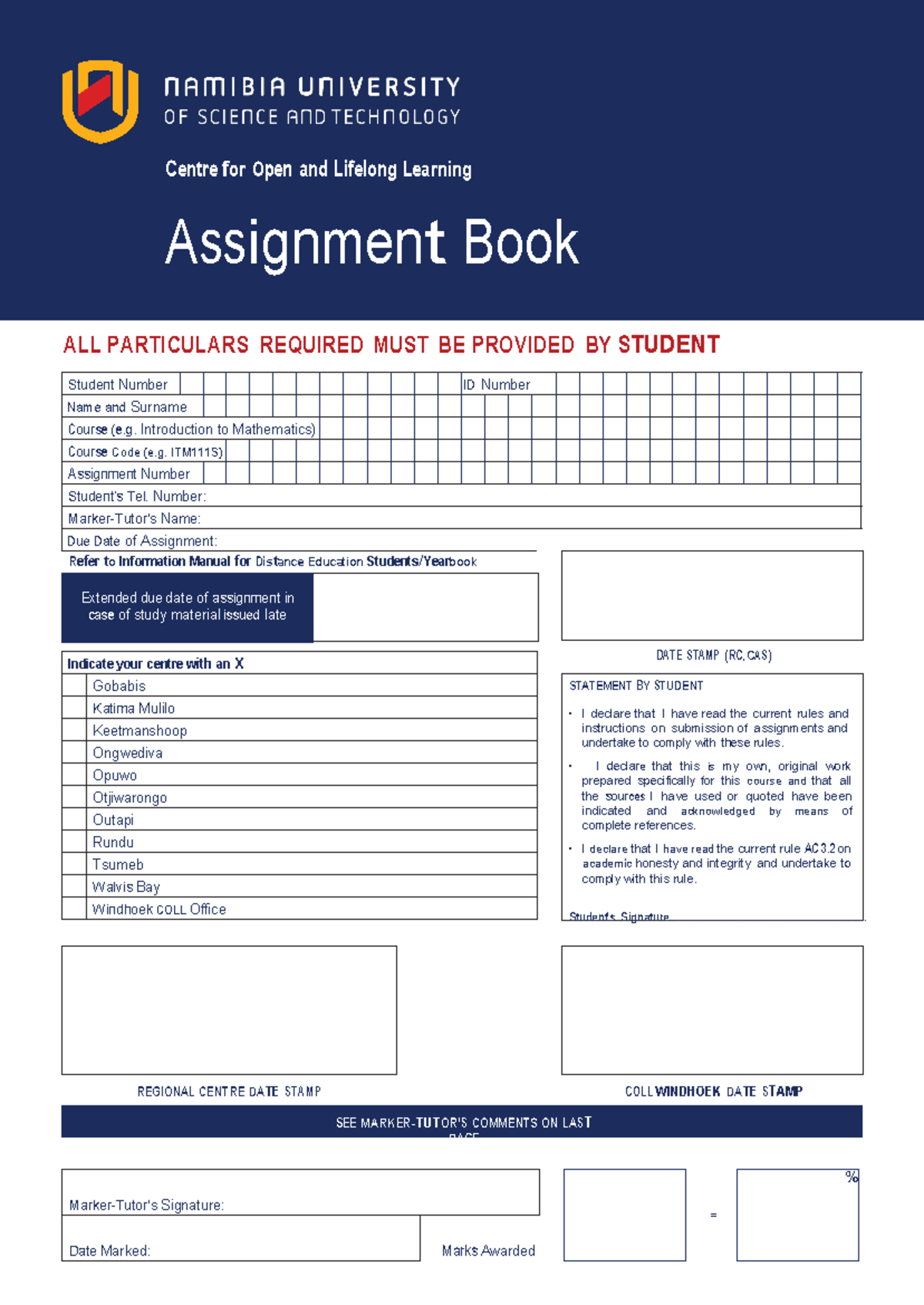 COLL Assignment Book Revised - Indicate y our centre with an X Gobabis ...