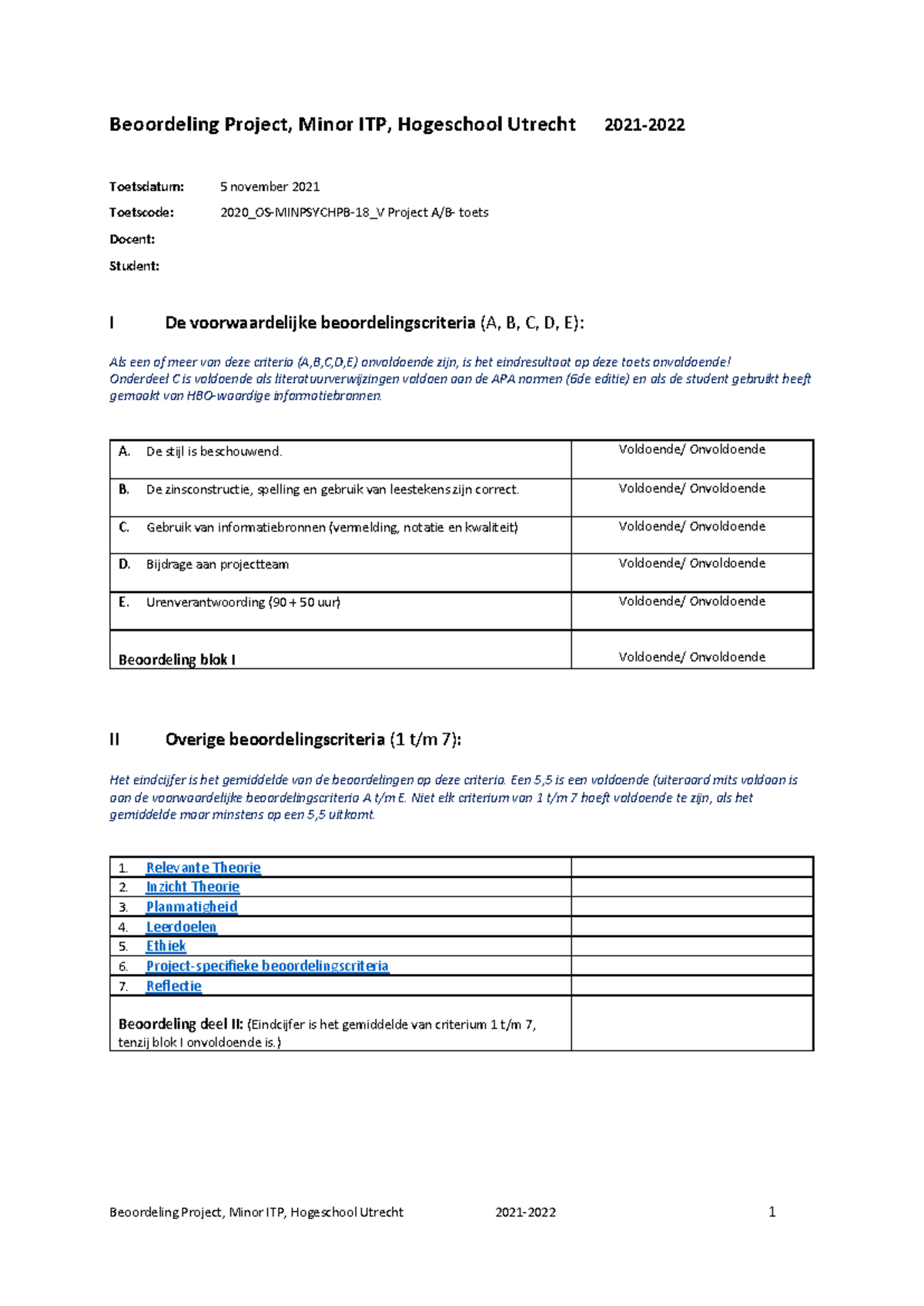 Beoordelingsformulier Project A 3 sept 2021-1 - Beoordeling Project, Minor ITP, Hogeschool ...