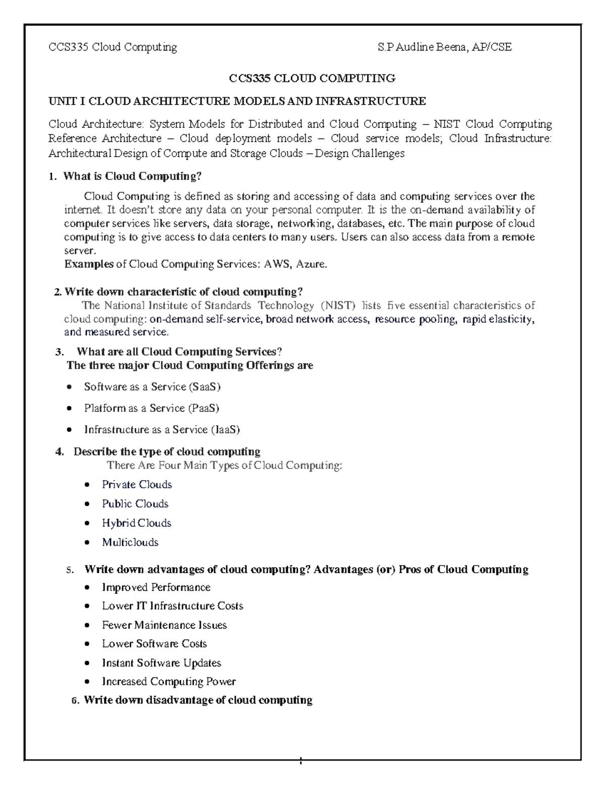 CCS335 Cloud Computing 2 marks - 1 CCS335 CLOUD COMPUTING UNIT I CLOUD ARCHITECTURE MODELS AND ...