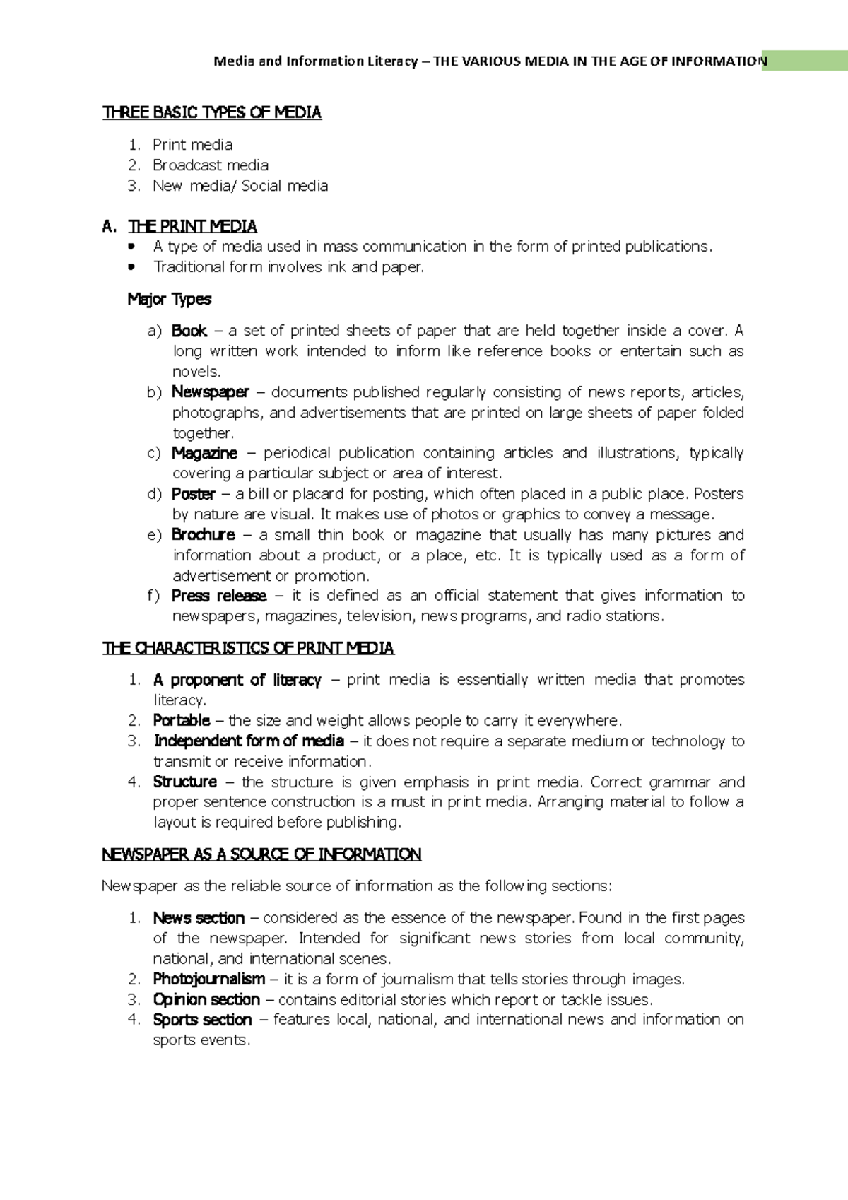MIL- Handout- Lesson 5 - THREE BASIC TYPES OF MEDIA Print media ...