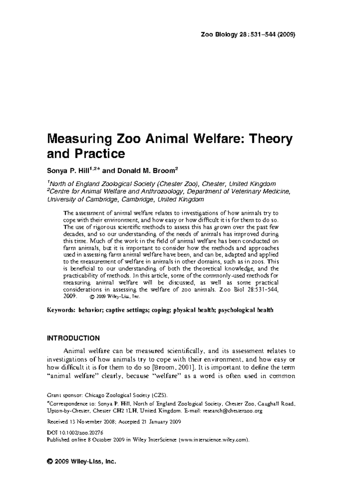 Zoo Biology - 2009 - Hill - Measuring zoo animal welfare theory and ...