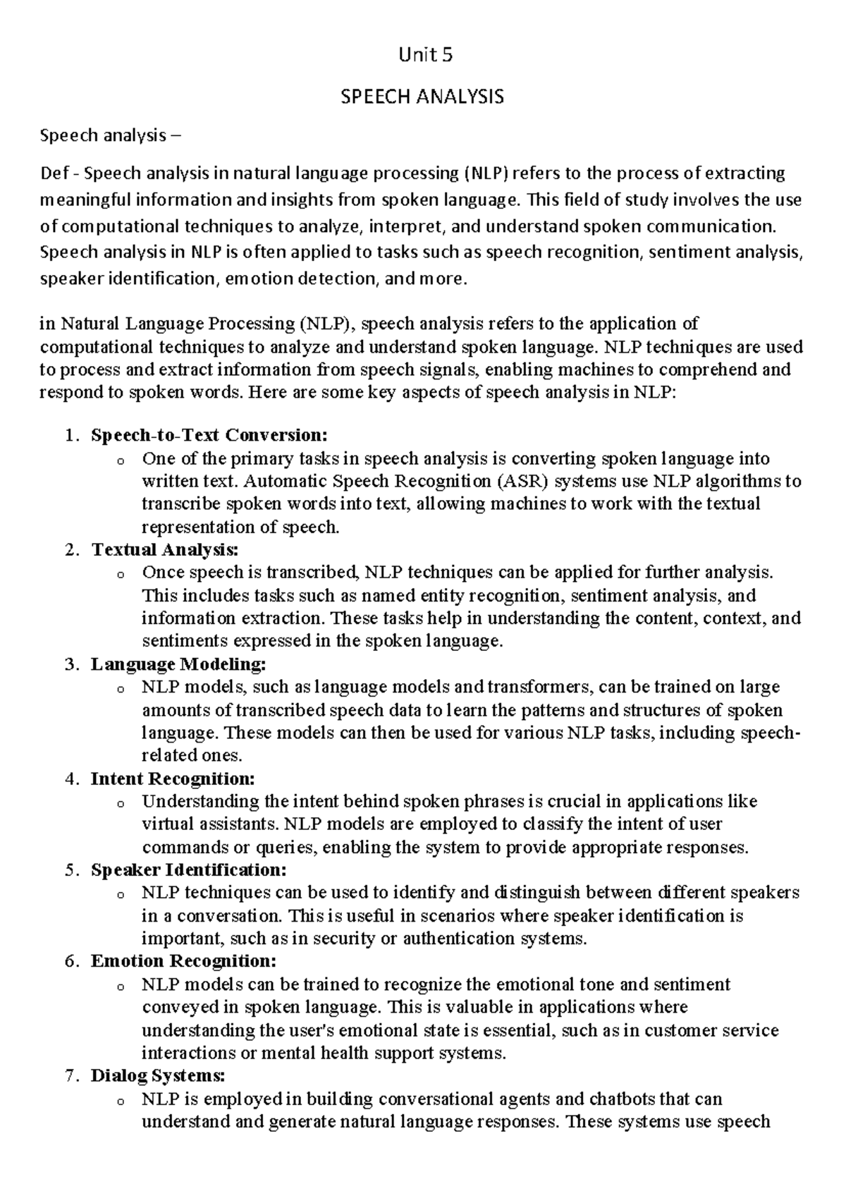 Unit 5 nlp self - Unit 5 SPEECH ANALYSIS Speech analysis – Def - Speech ...