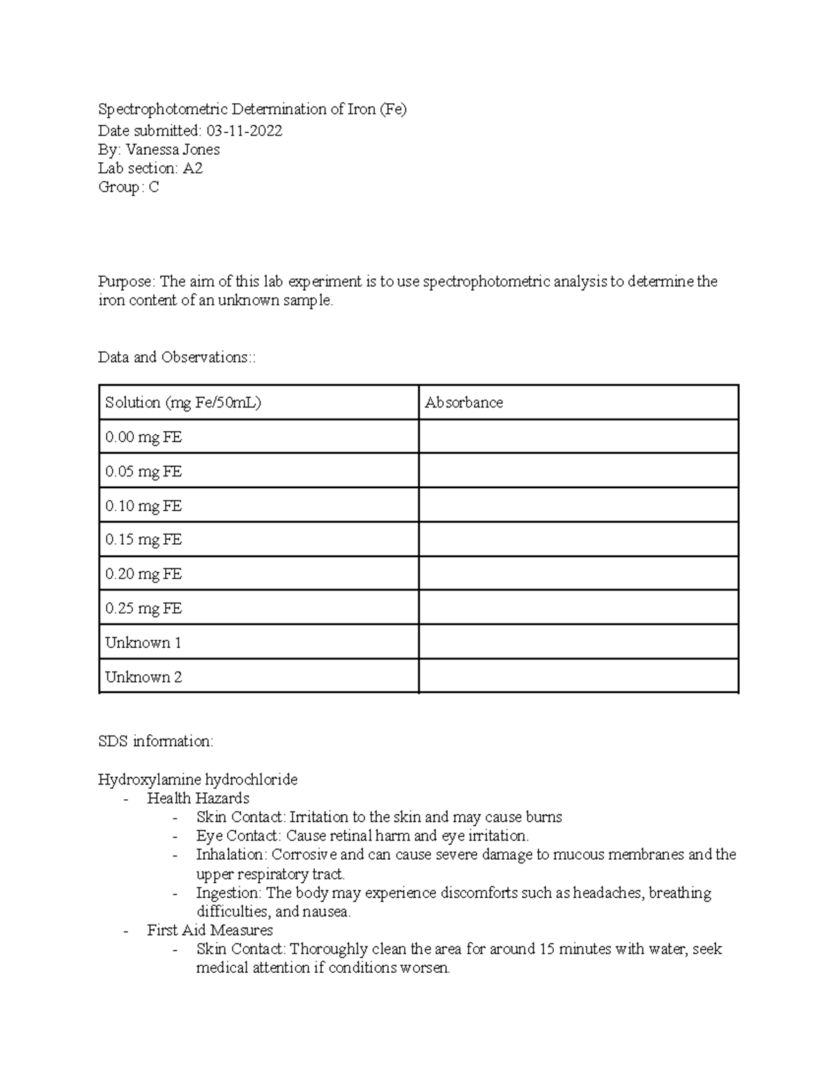 Fe Pre Lab Short Report - Spectrophotometric Determination of Iron (Fe ...