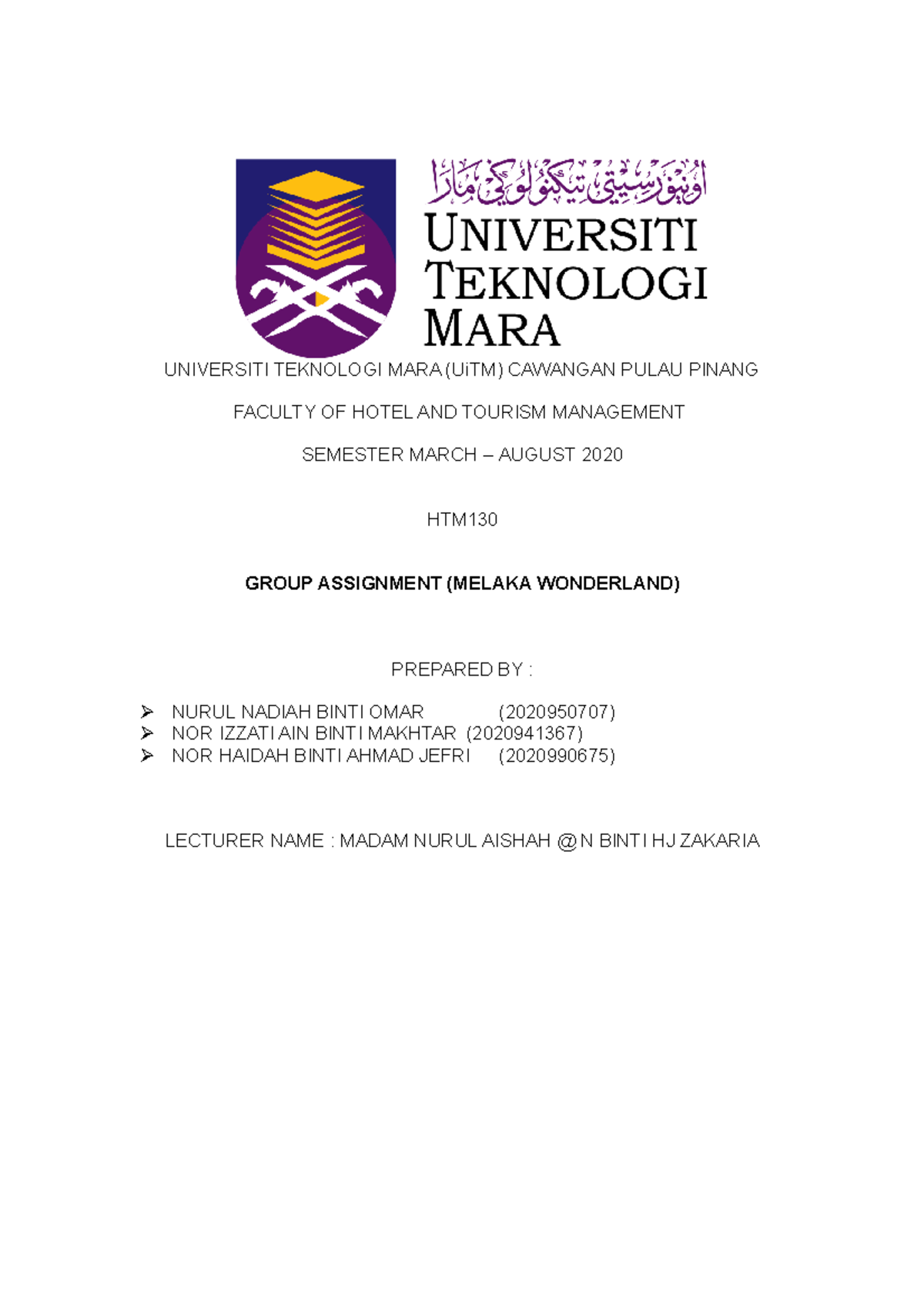 HTM130 Group Assignment - UNIVERSITI TEKNOLOGI MARA (UiTM) CAWANGAN ...