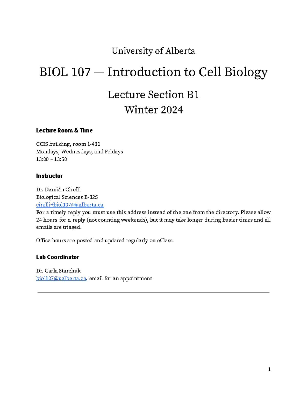 Syllabus BIOL 107 Winter 2024 B1 - University of Alberta BIOL 107 — Introduction to Cell Biology ...