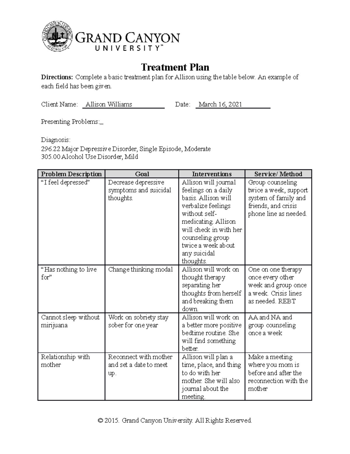 PCN255 - assignement - Treatment Plan Directions: Complete a basic ...