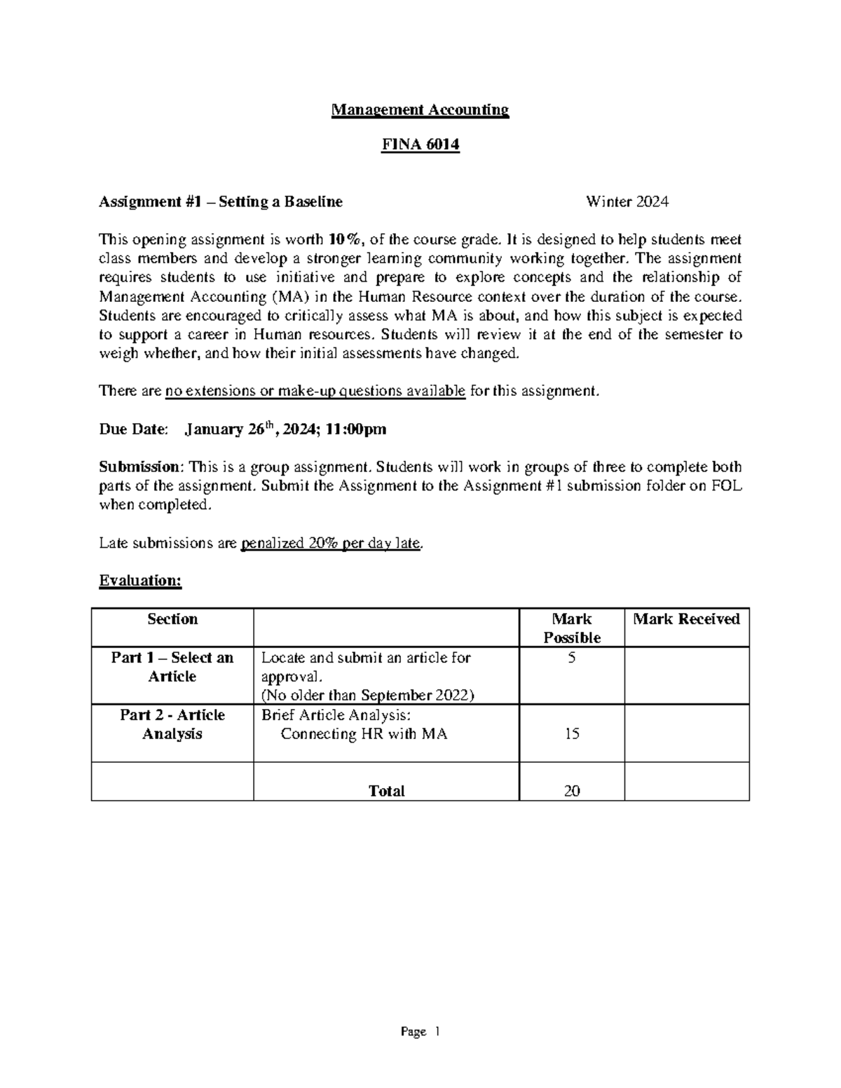 Assignment -1 W2024- FINA-6014 - Management Accounting FINA 6014 Assignment #1 – Setting a ...