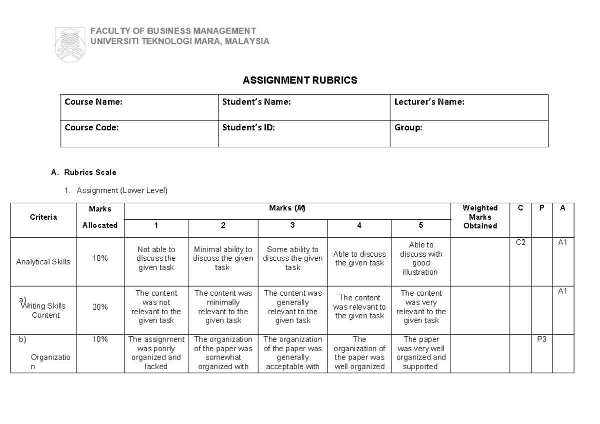 Rubrics - ASSIGNMENT RUBRICS Course Name: Student’s Name: Lecturer’s Name: Course Code: Student ...