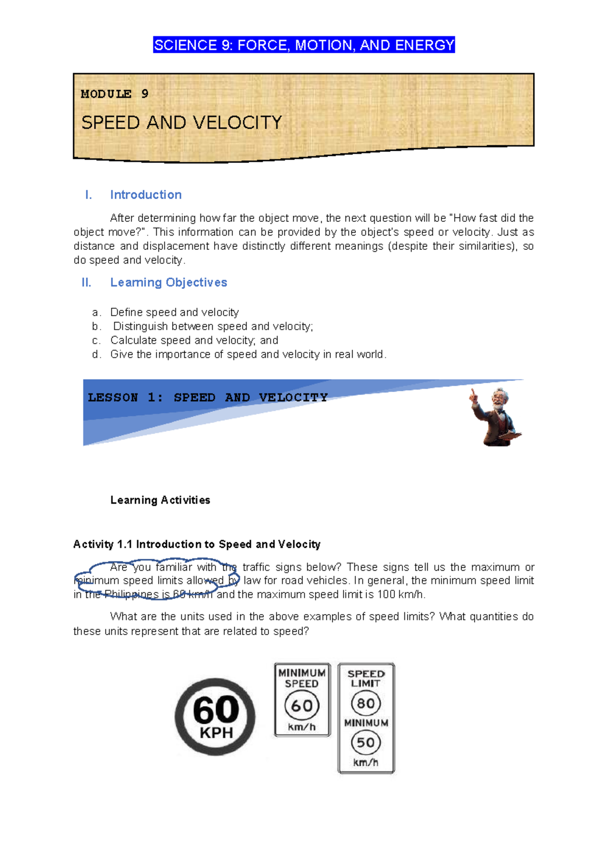Module ON Speed-AND- Velocity - I. Introduction After determining how ...