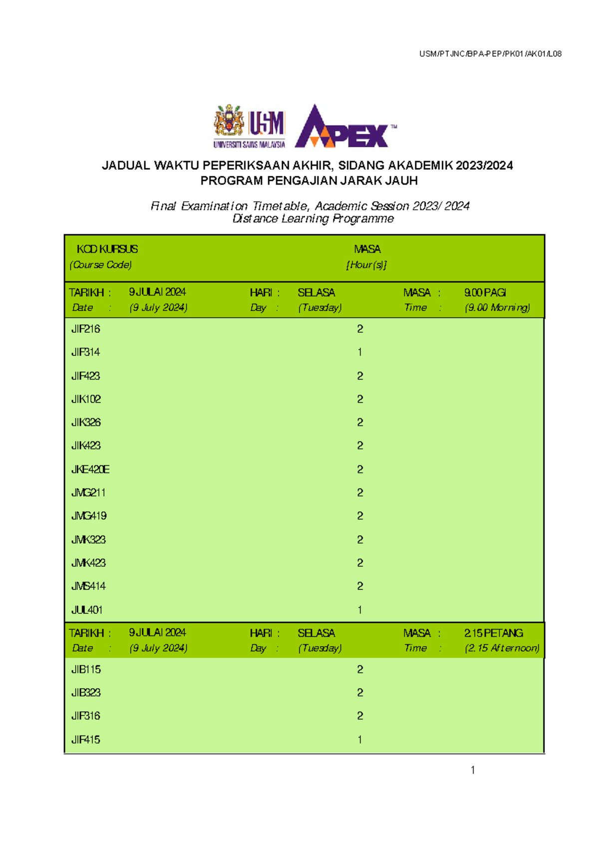 Jadual Waktu Peperiksaan, Peperiksaan Akhir, Sidang Akademik 20232024 ...