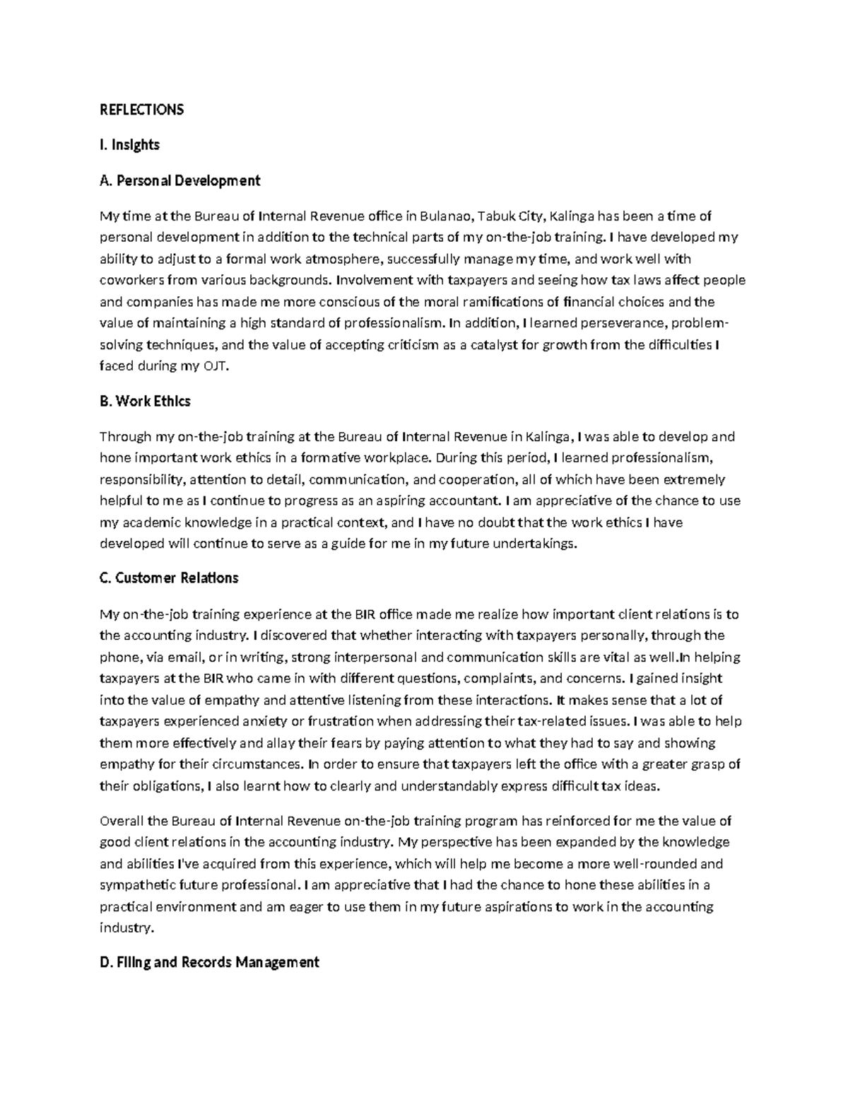 Reflections- Insights - REFLECTIONS I. Insights A. Personal Development ...