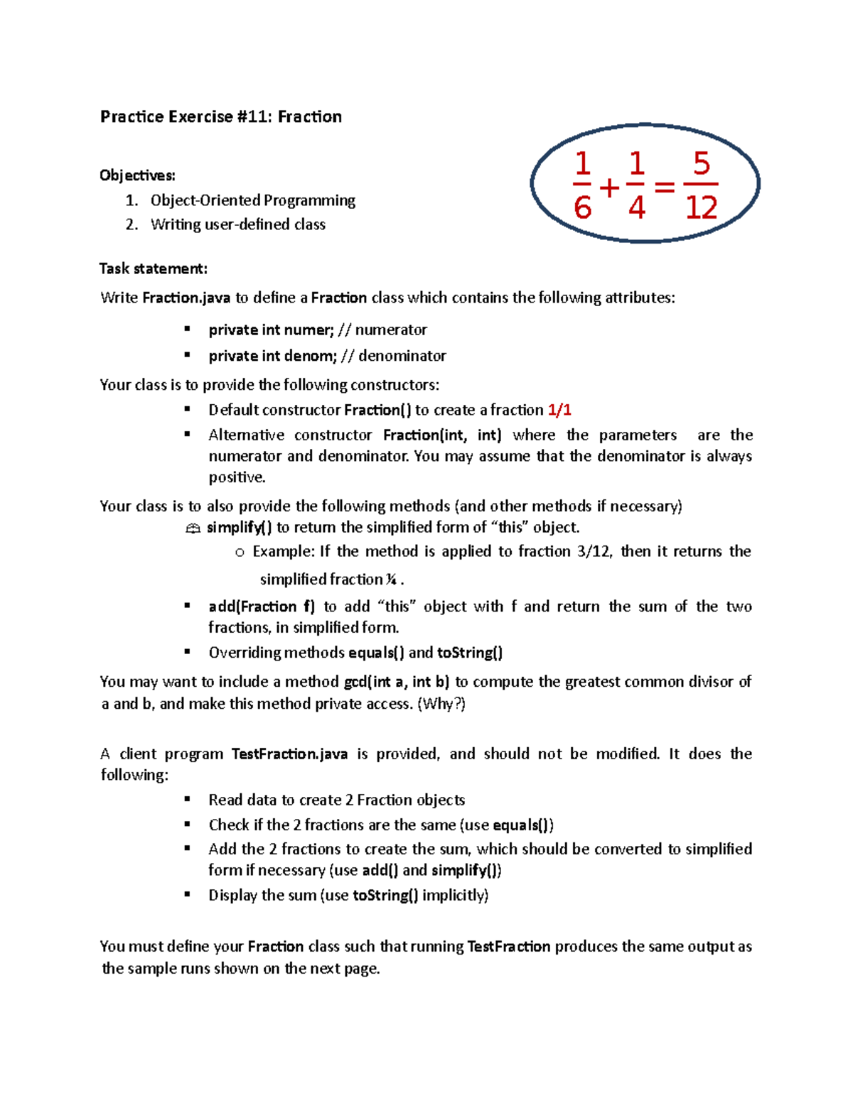 Fraction Java Programming Practice Exercise 11 Fraction