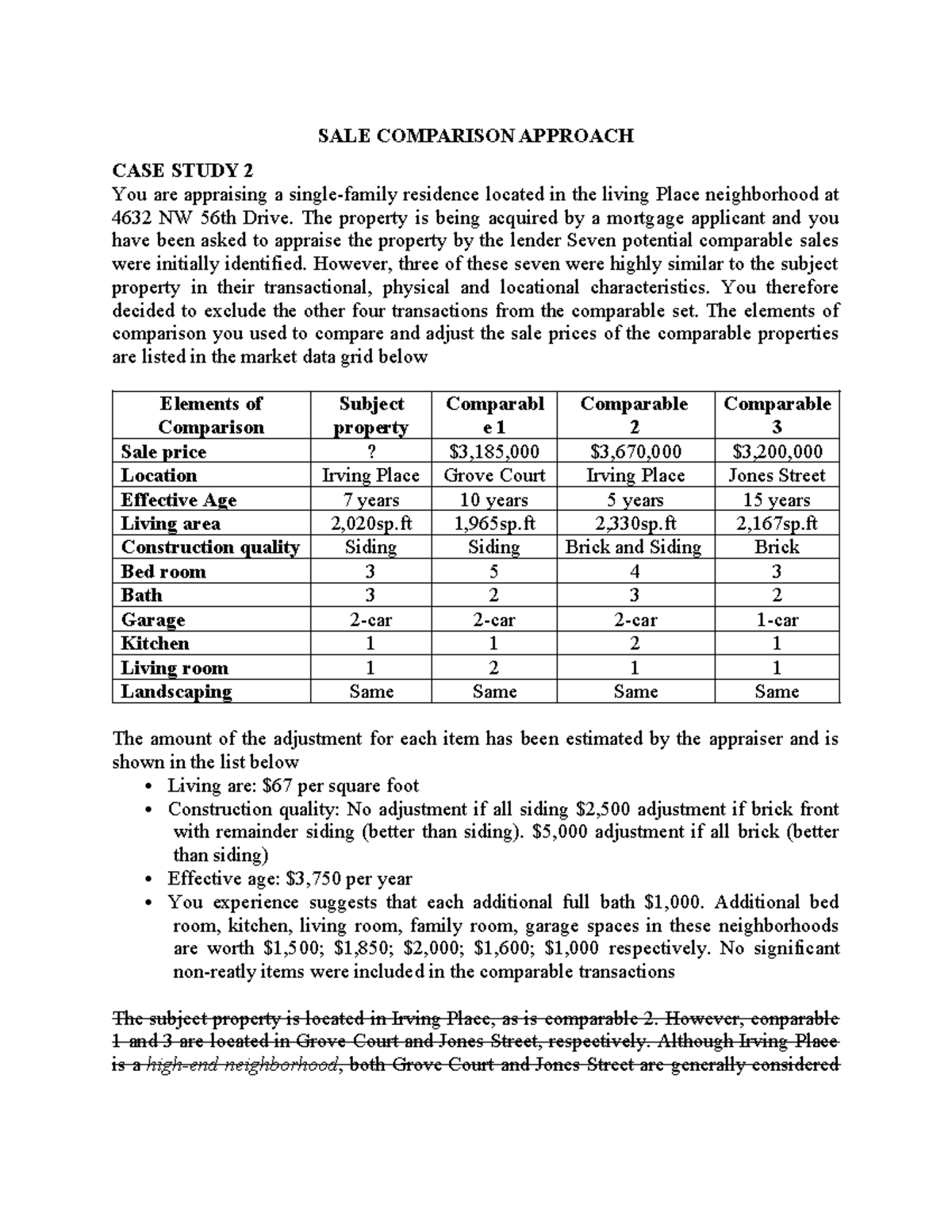 SALE Comparison Approach - SALE COMPARISON APPROACH CASE STUDY 2 You ...