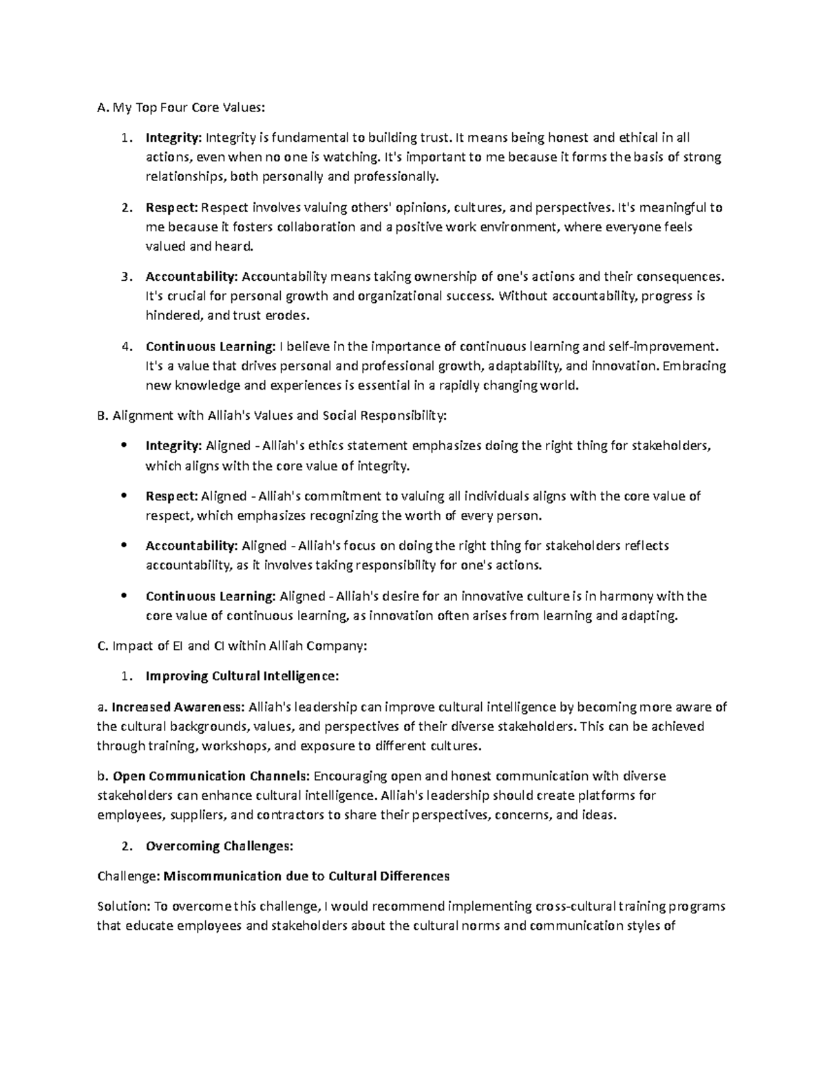 D082-2 - Passed first attempt - A. My Top Four Core Values: Integrity ...