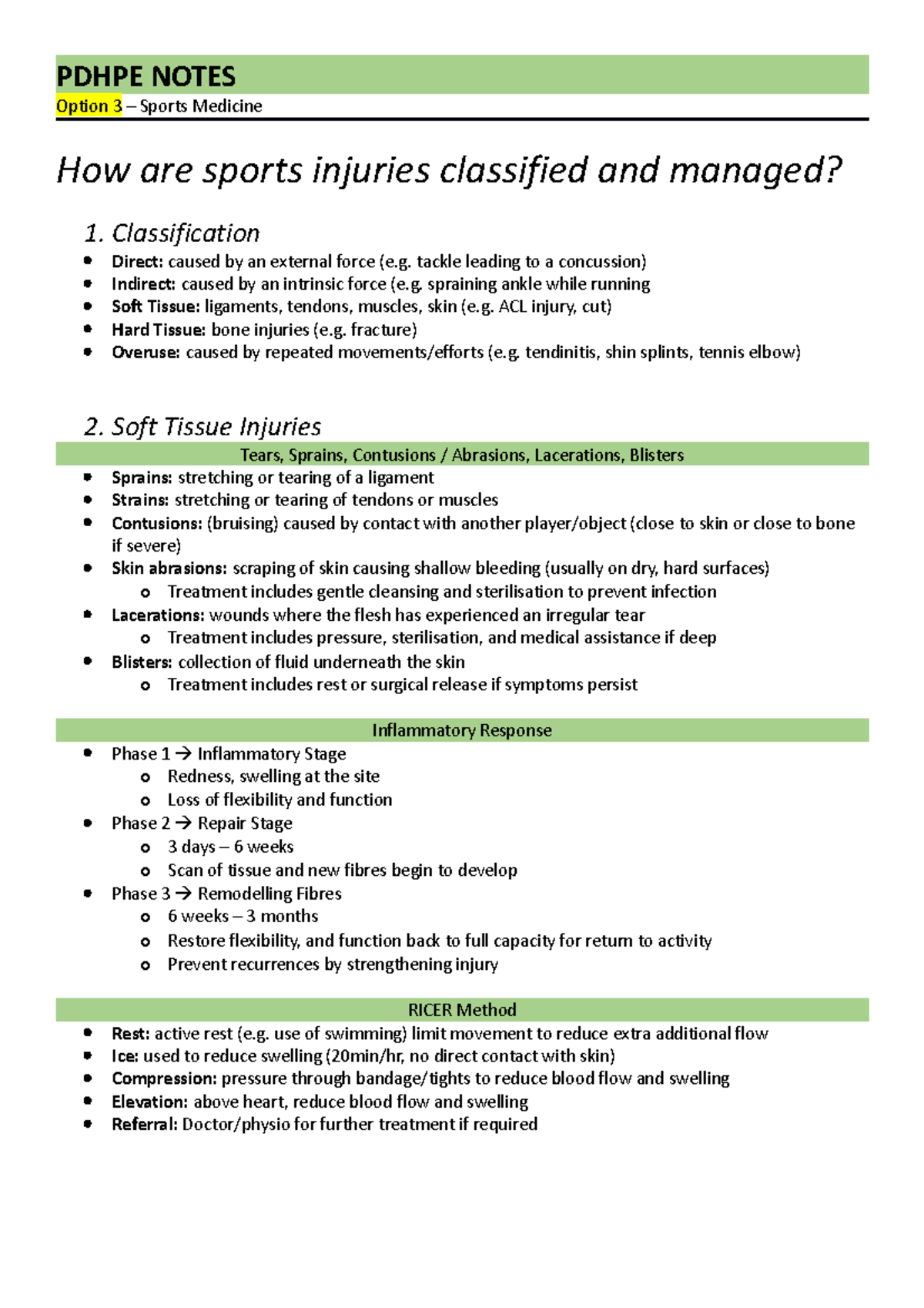 PDHPE Notes: Option - Sports med - PDHPE NOTES Option 3 – Sports ...