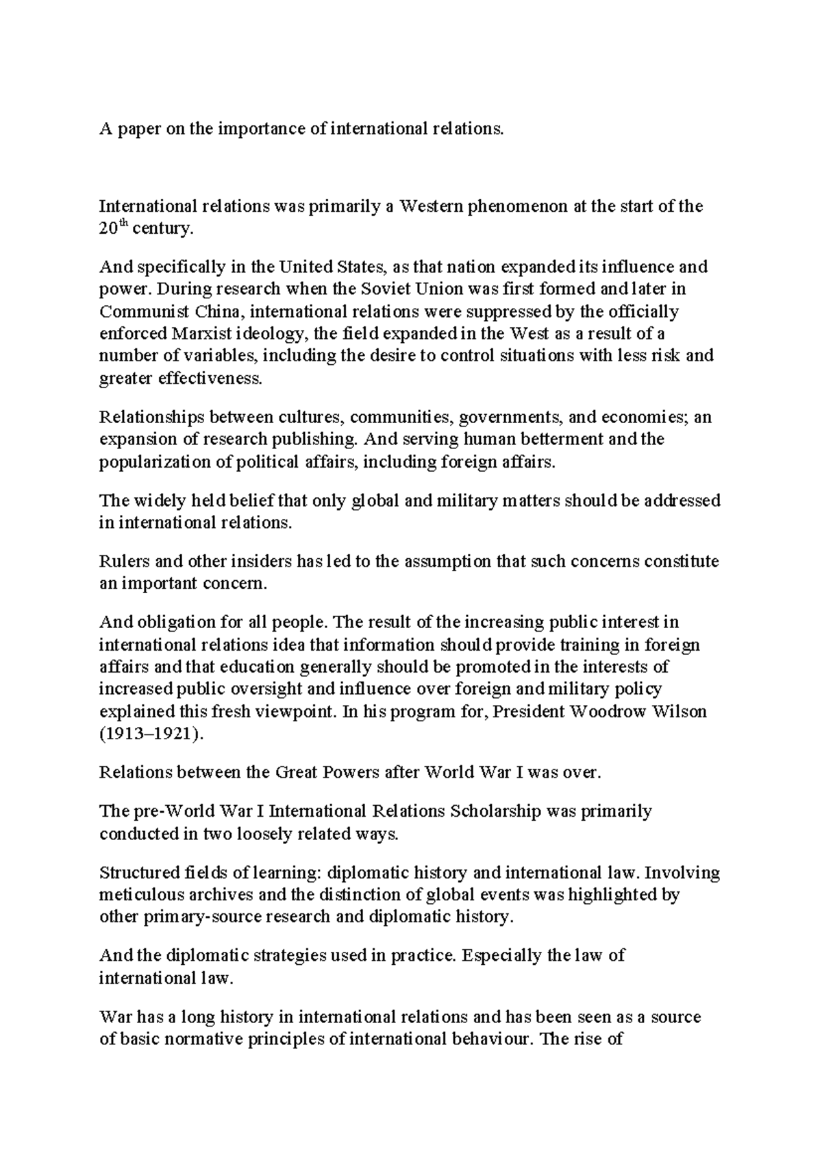 Importance of international relations - International relations was ...