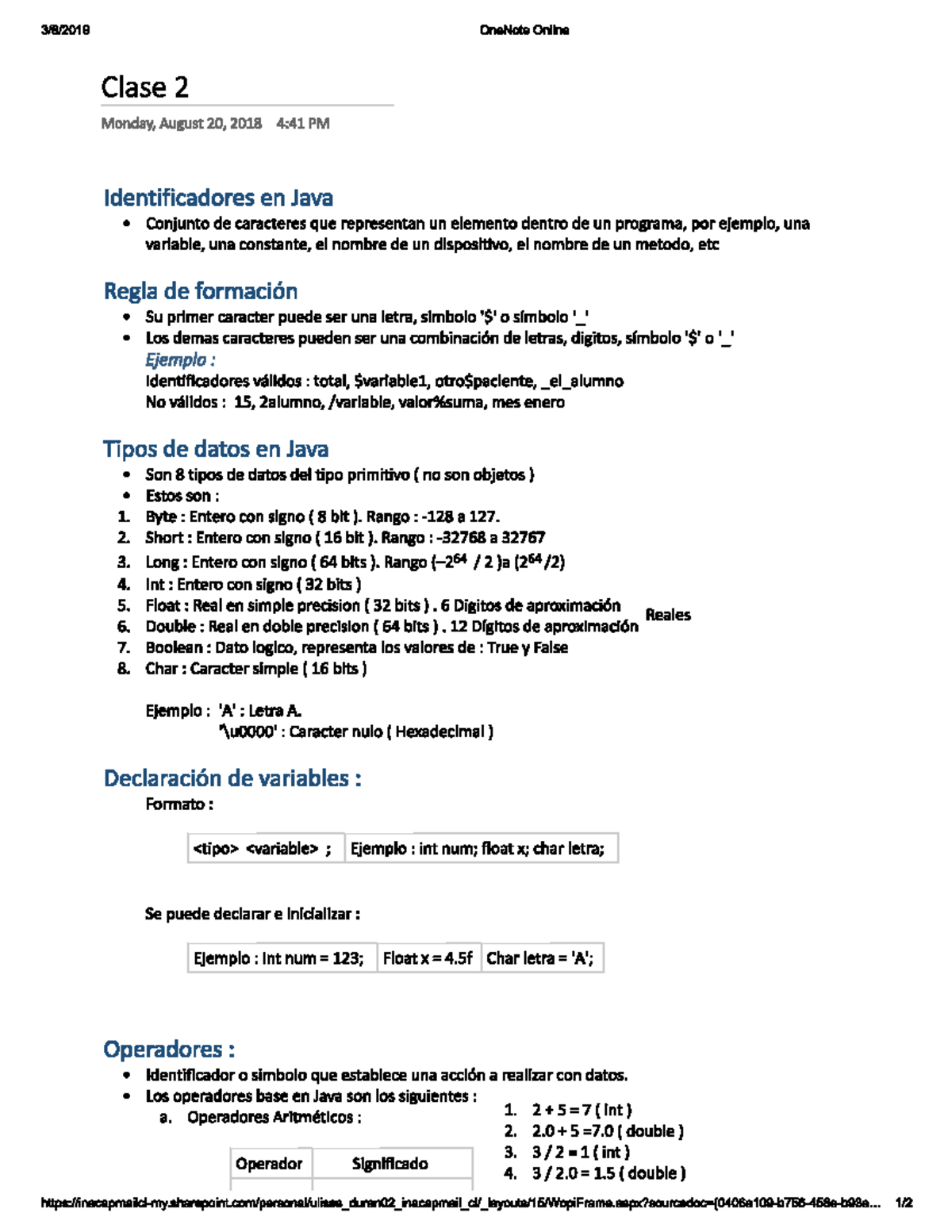 Clase 2 - Comentarios en Java - 3/8/2019 OneNote Online Clase 2 Monday ...