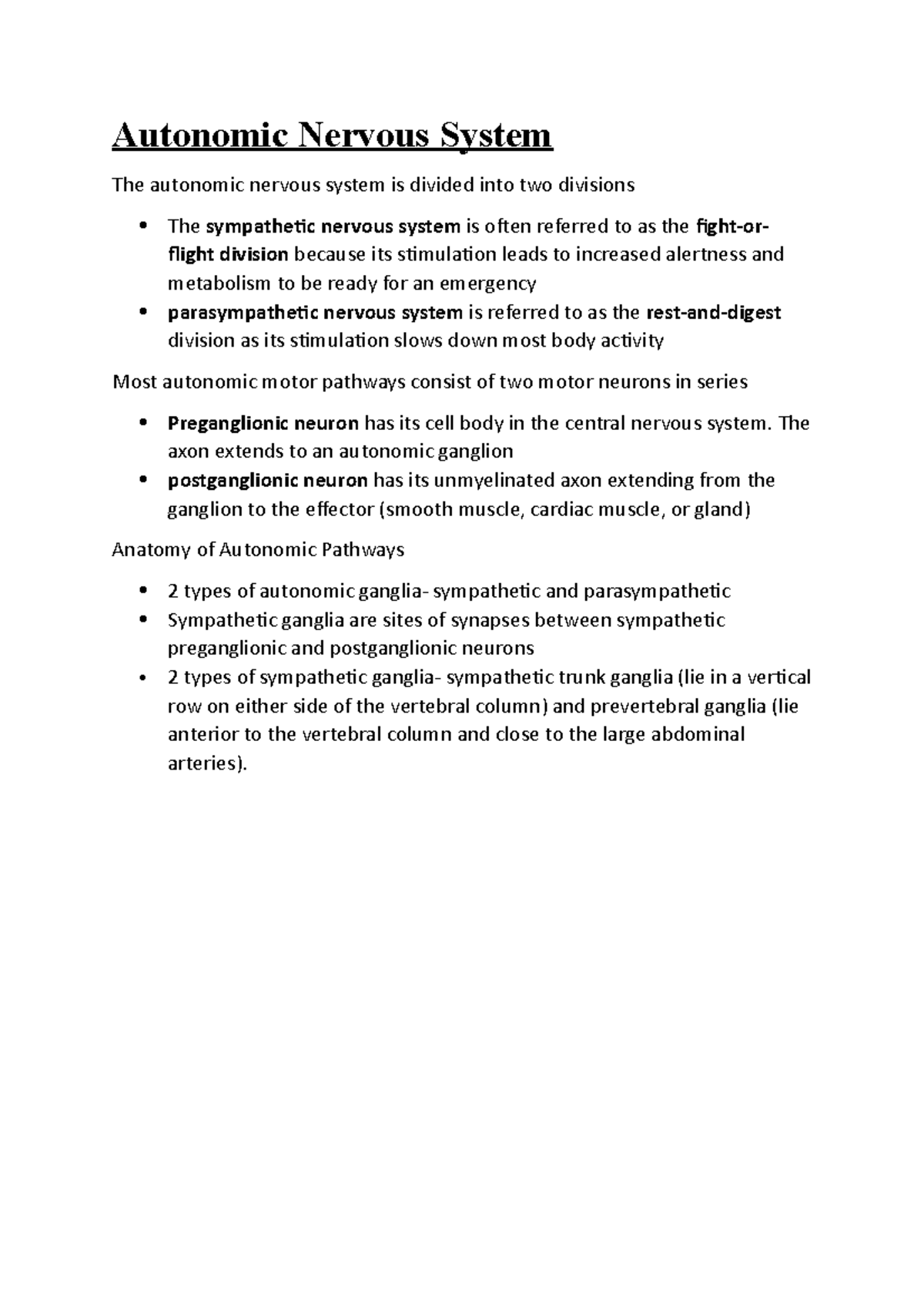Autonomic Nervous System Notes - Autonomic Nervous System The autonomic ...