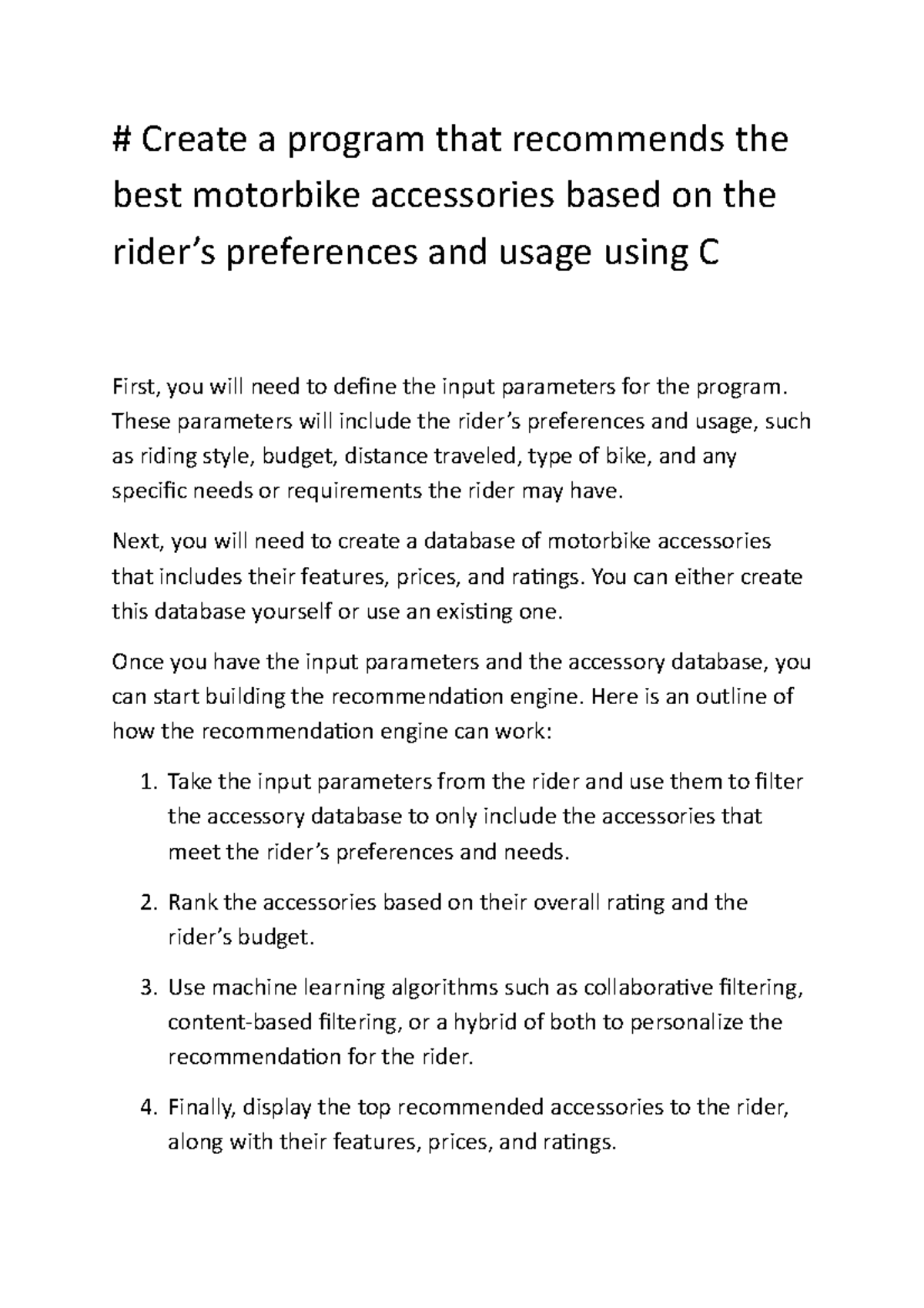 Create A Program That Recommends The Best Motorbike Accessories Based