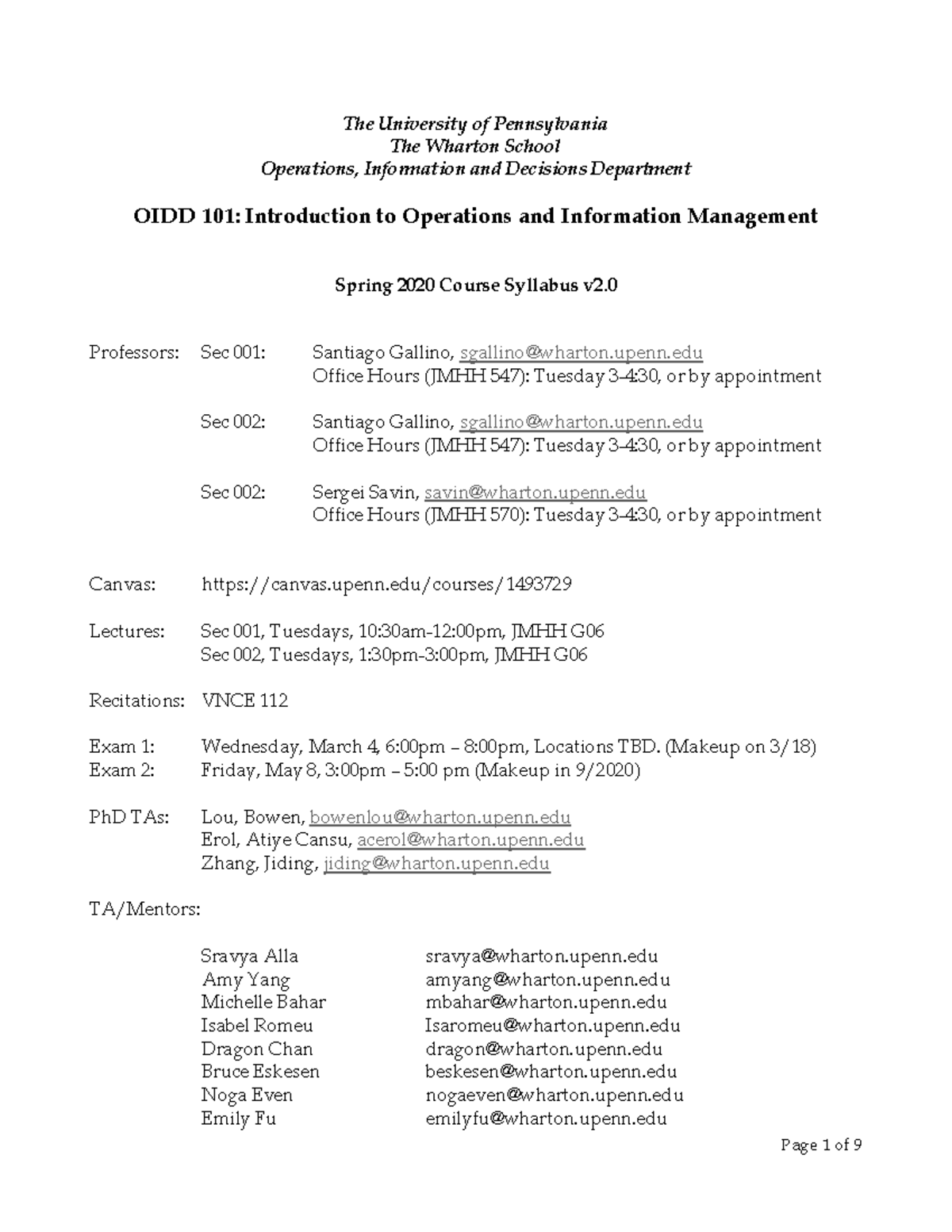 OIDD 101 Spring 2020 Syllabus v2 - Warning: TT: undefined function: 32 The University of - Studocu