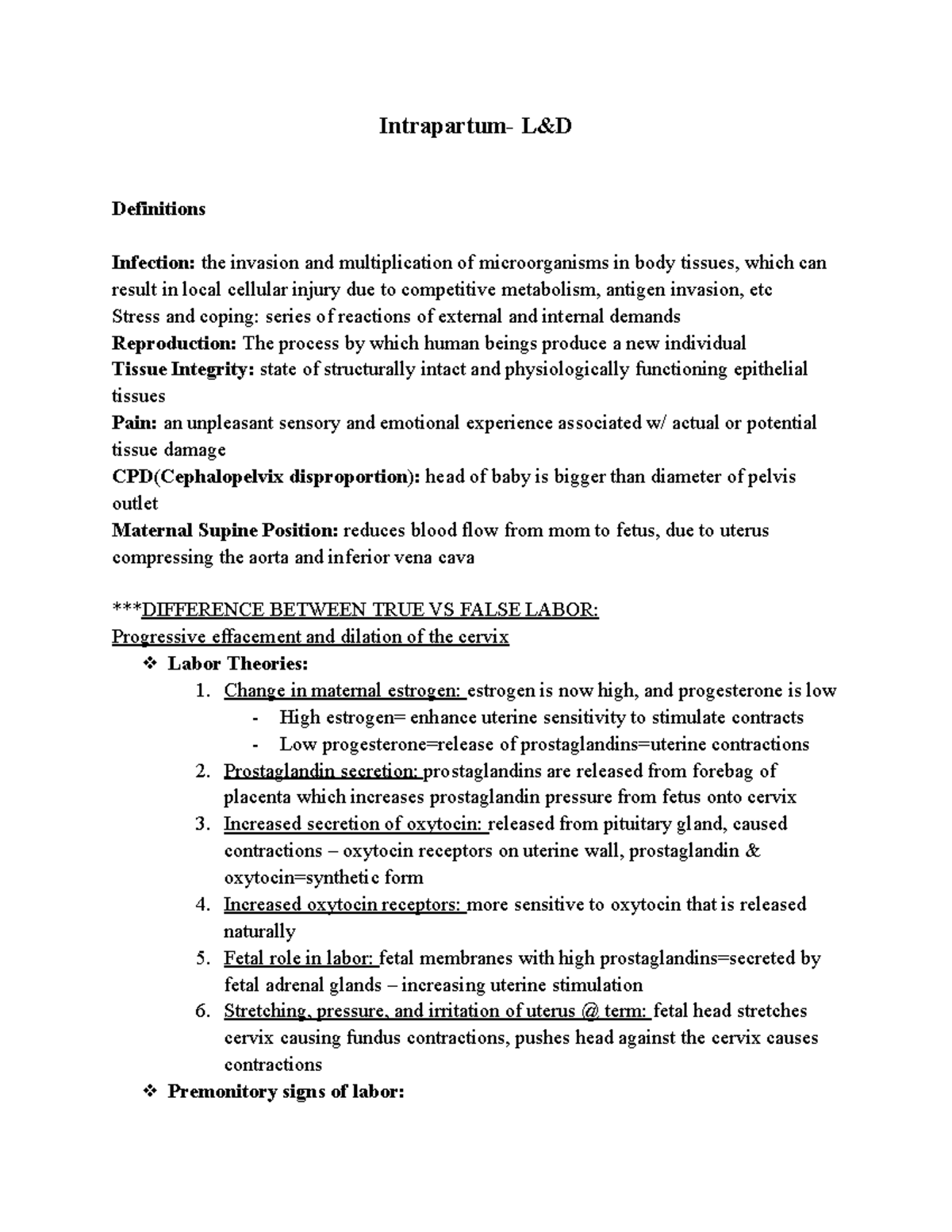 Intrapartum- L&D - n.a - Intrapartum- L&D Definitions Infection: the ...