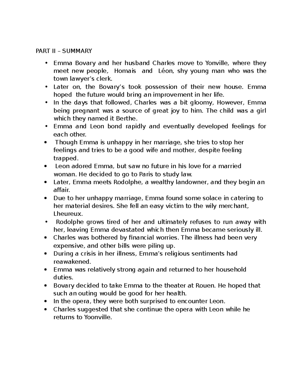 PART II - Summary - Notes - PART II – SUMMARY Emma Bovary and her ...