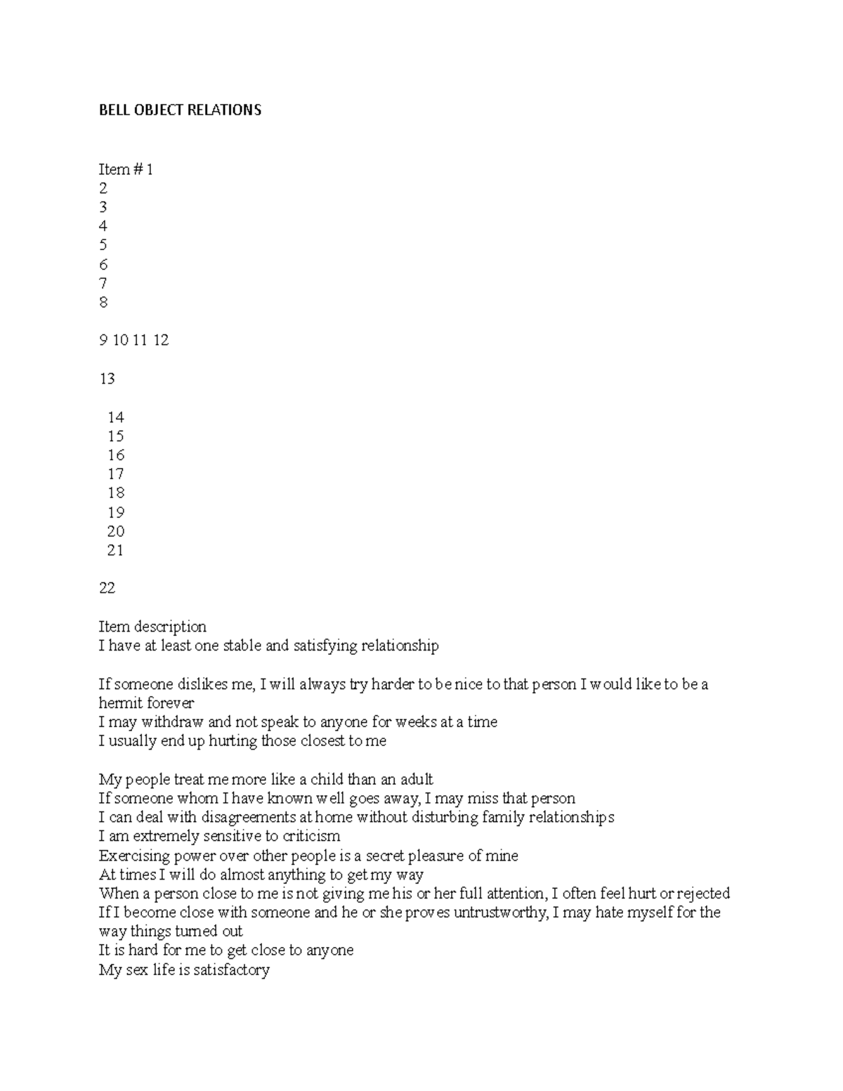 BELL Object Relations - BELL OBJECT RELATIONS Item # 1 2 3 4 5 6 7 8 9 ...