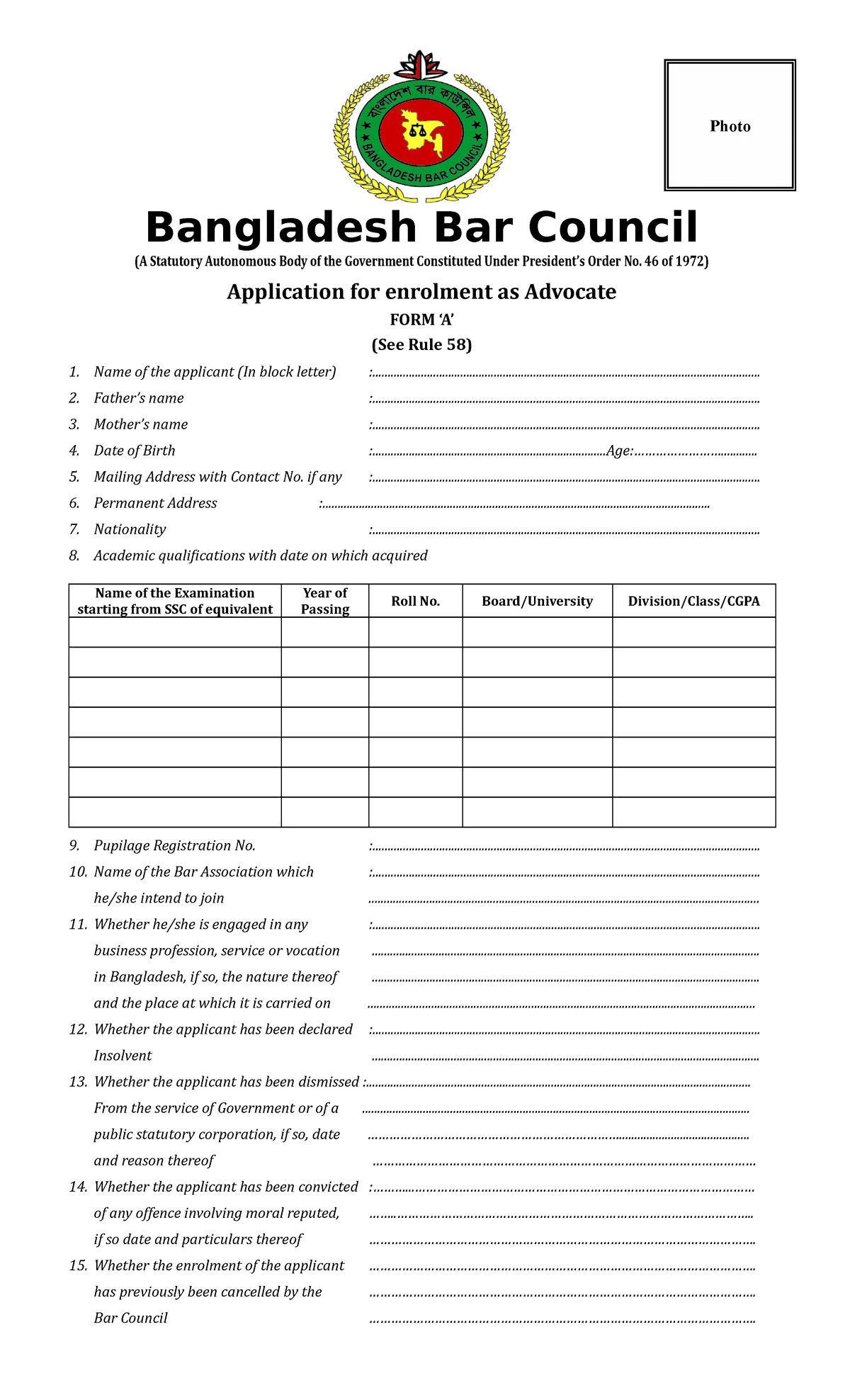 Application form enrolment as advocate - Bangladesh Bar Council (A ...