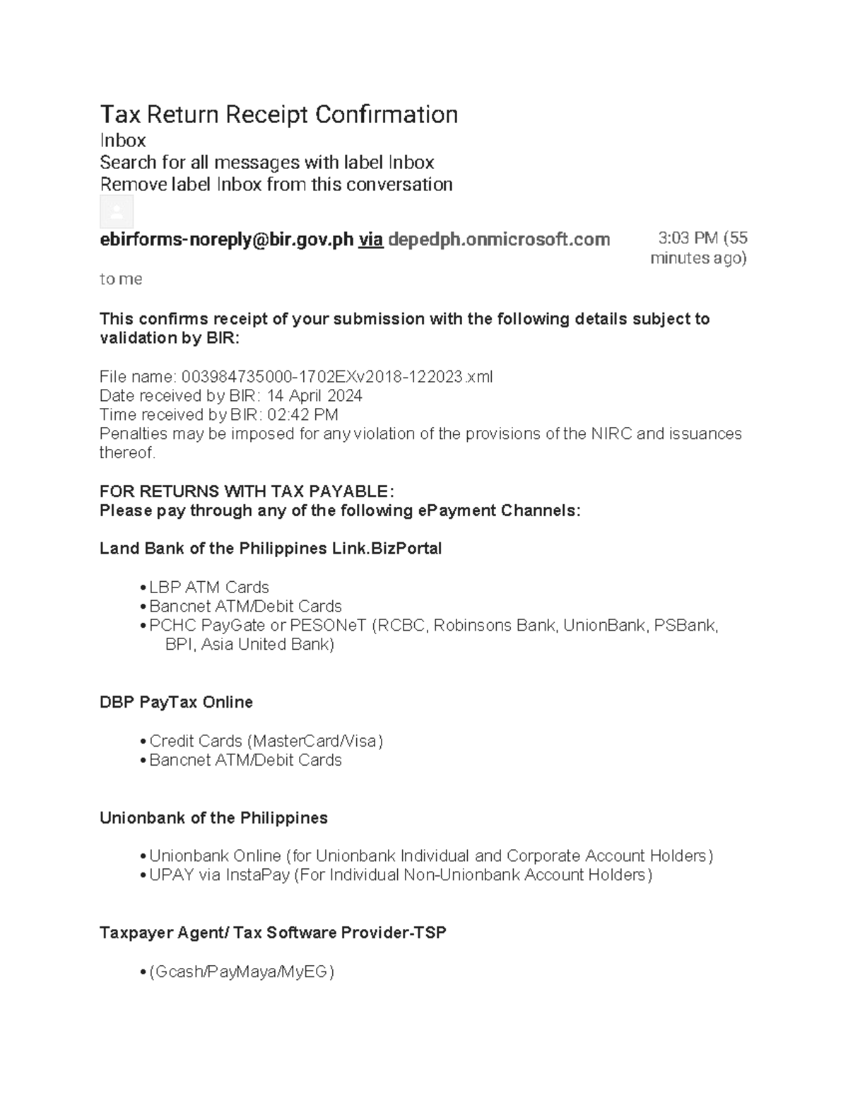 BIR Confirmation - Tax Return Receipt Confirmation Inbox Search for all ...