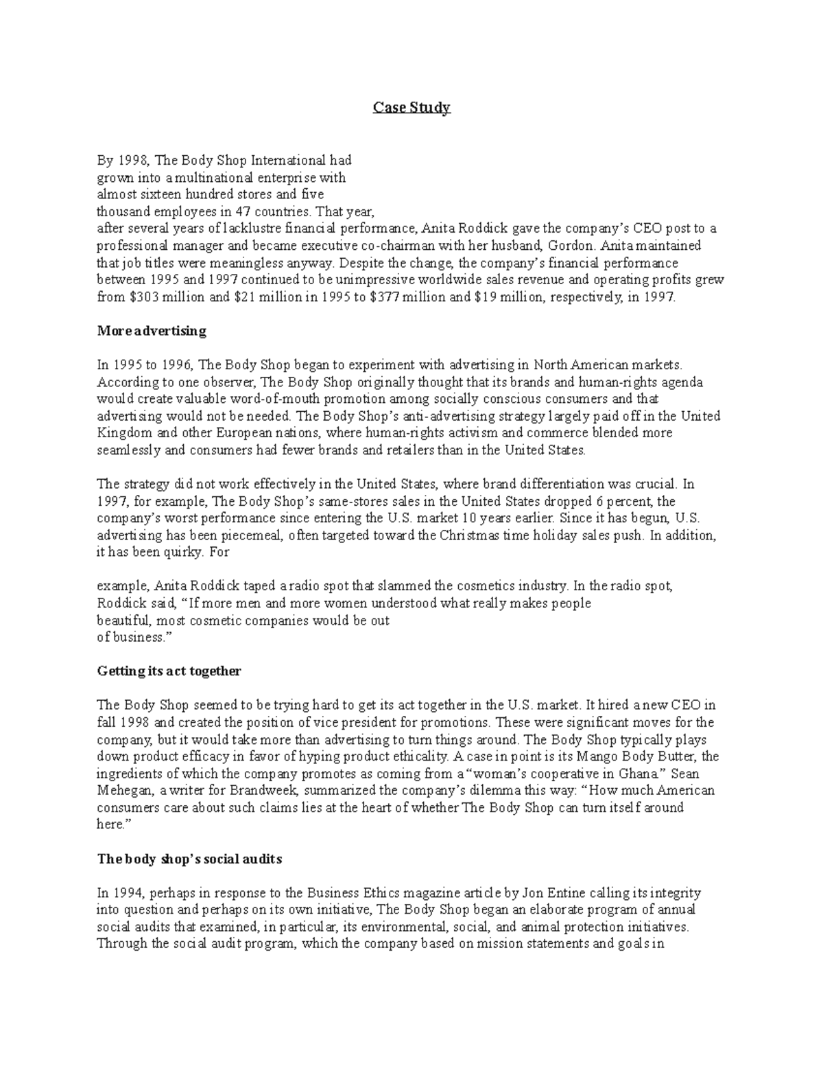 Case Study MGT 428 Midterm - Case Study By 1998, The Body Shop ...