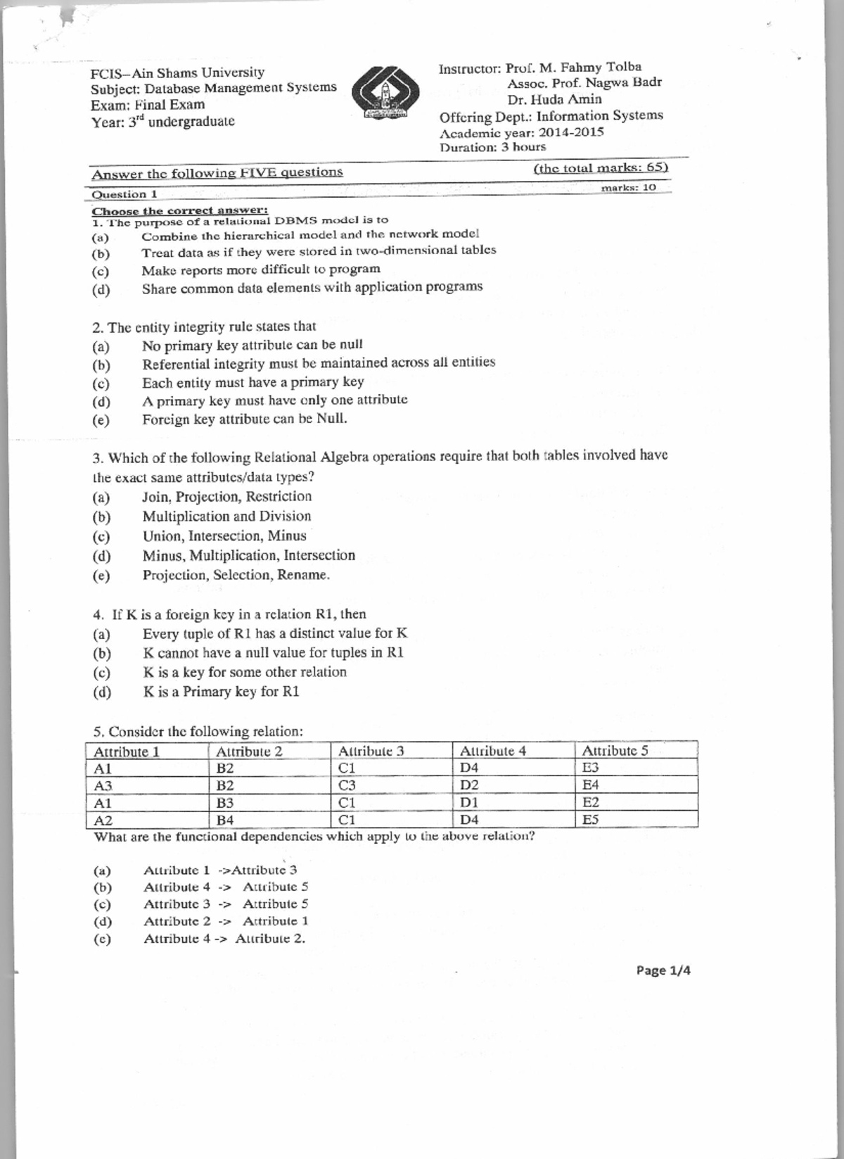 DBMS Final 2015 - Database Exam - Database Systems - Studocu