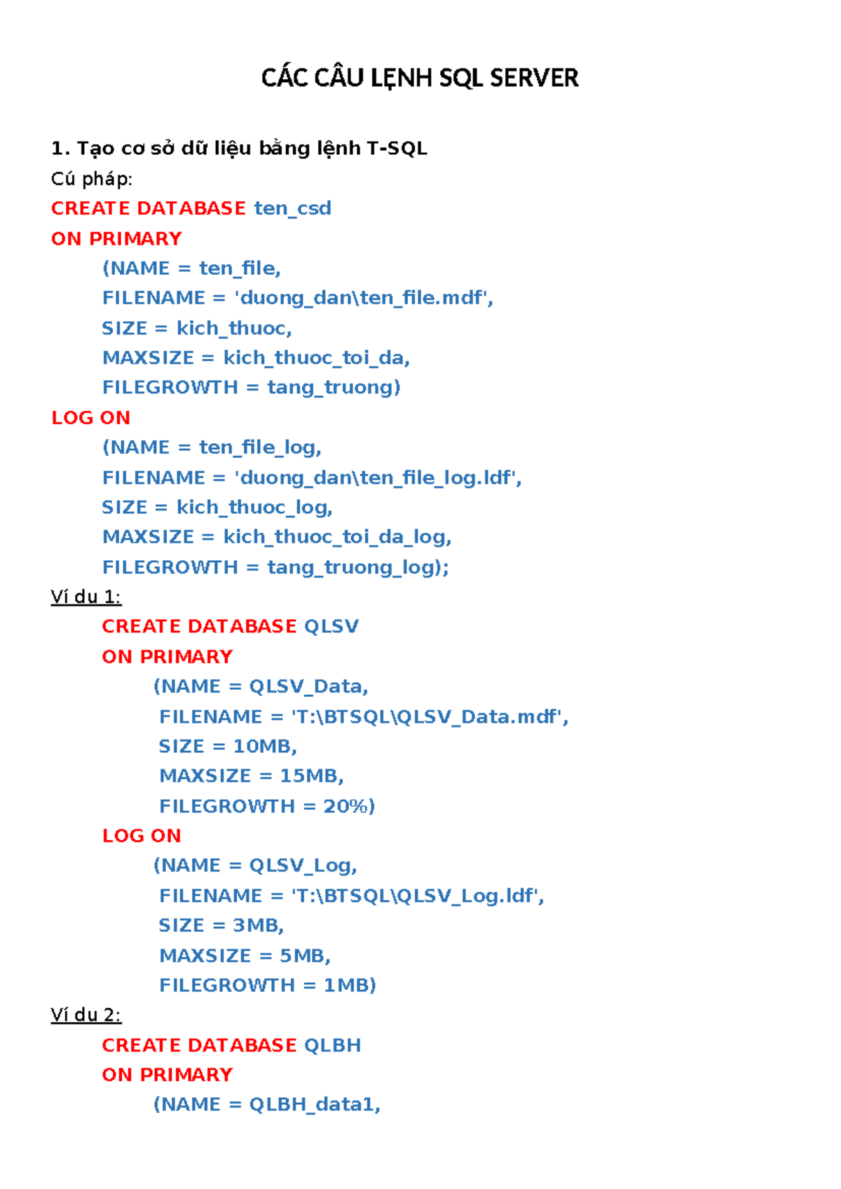 CÁC CÂU LỆNH Trong SQL Server - CÁC CÂU LỆNH SQL SERVER Tạo cơ sở dữ ...
