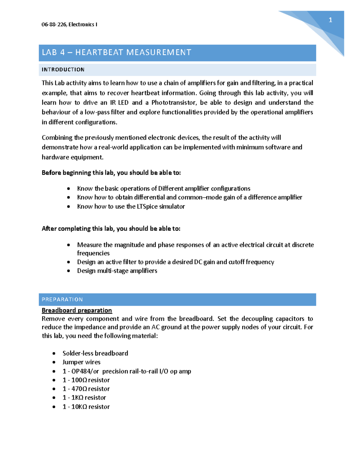 Heart Beat - lab 4 - 06 - 88 - 226, Electronics I LAB 4 – HEARTBEAT ...