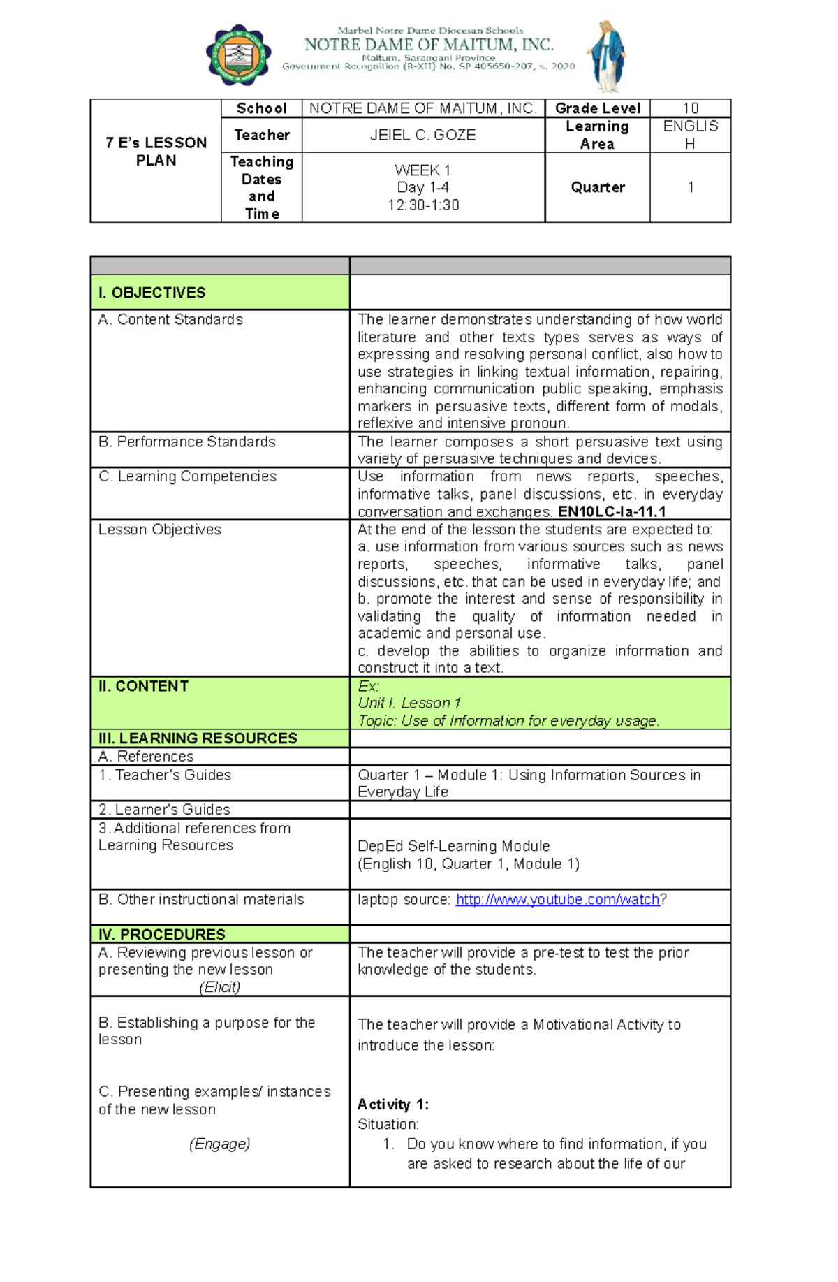 ENG 10 LP - WEEK 1 - A lesson plan for English 10, quarter 1, lesson 1 ...
