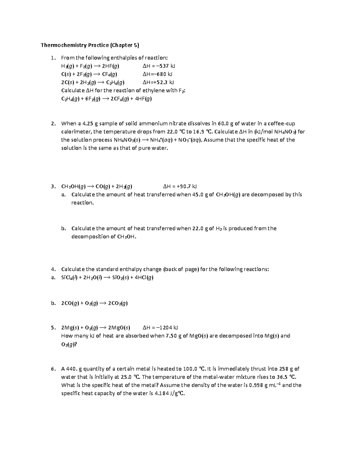 Ch5-worksheet - Extra Practice - Thermochemistry Practice (Chapter 5 ...