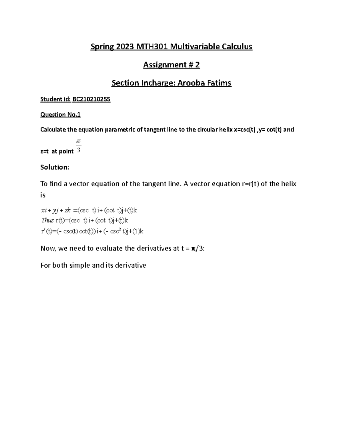 MTH301 Multivariable Calculus arooba - Spring 2023 MTH301 Multivariable Calculus Assignment # 2 ...