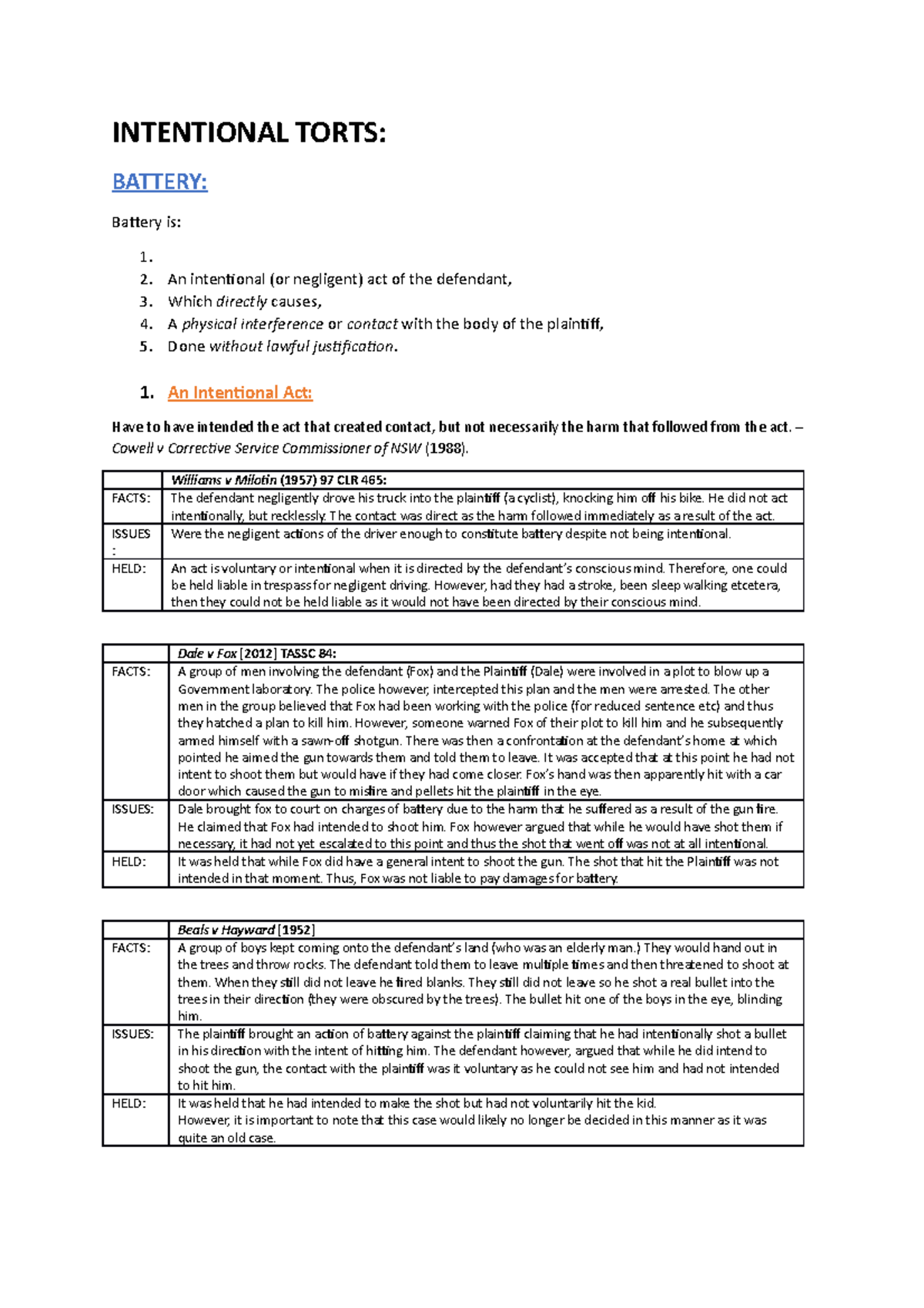 Intentional Torts - INTENTIONAL TORTS: BATTERY: Battery is: 1. 2. An ...