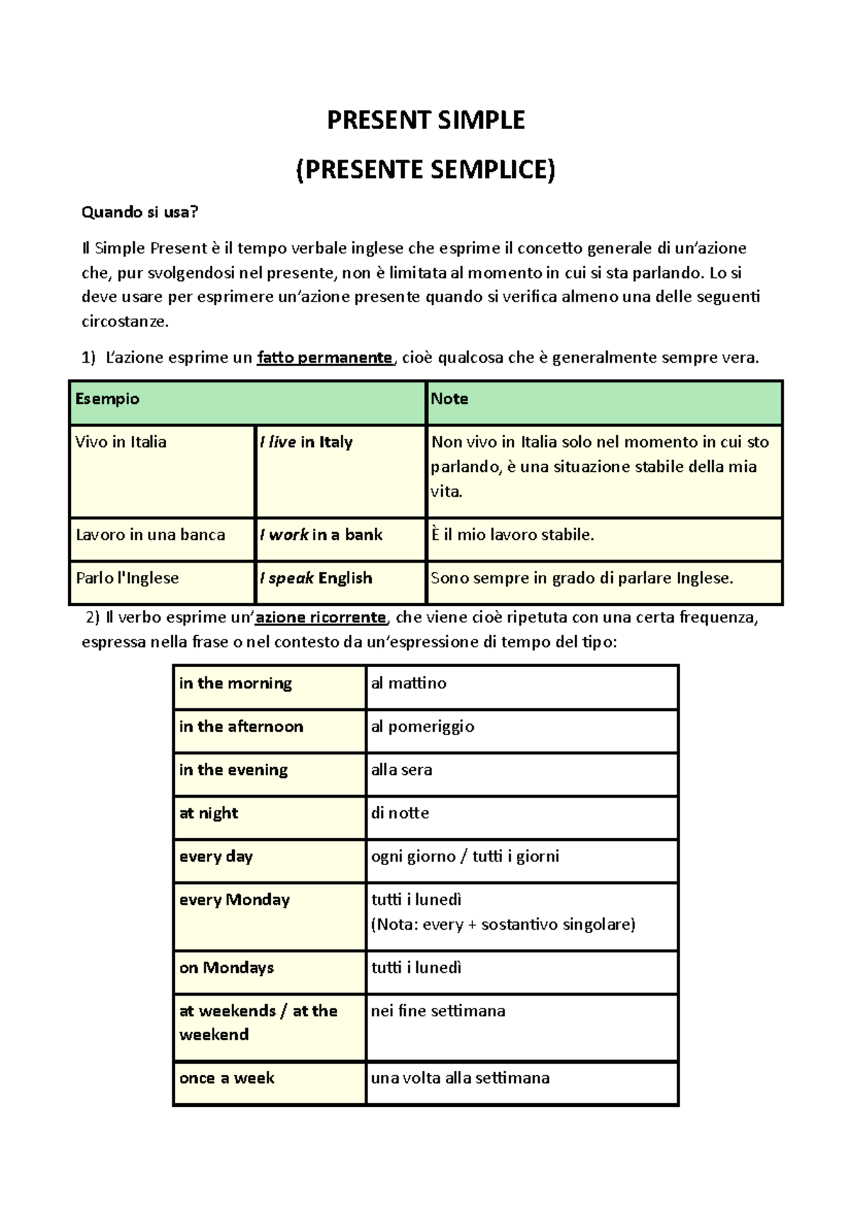Presente - Riassunti - PRESENT SIMPLE (PRESENTE SEMPLICE) Quando si usa ...