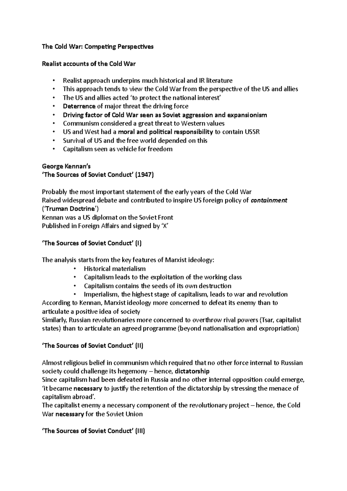 The Cold War - Lecture notes 3 - The Cold War: Competing Perspectives ...
