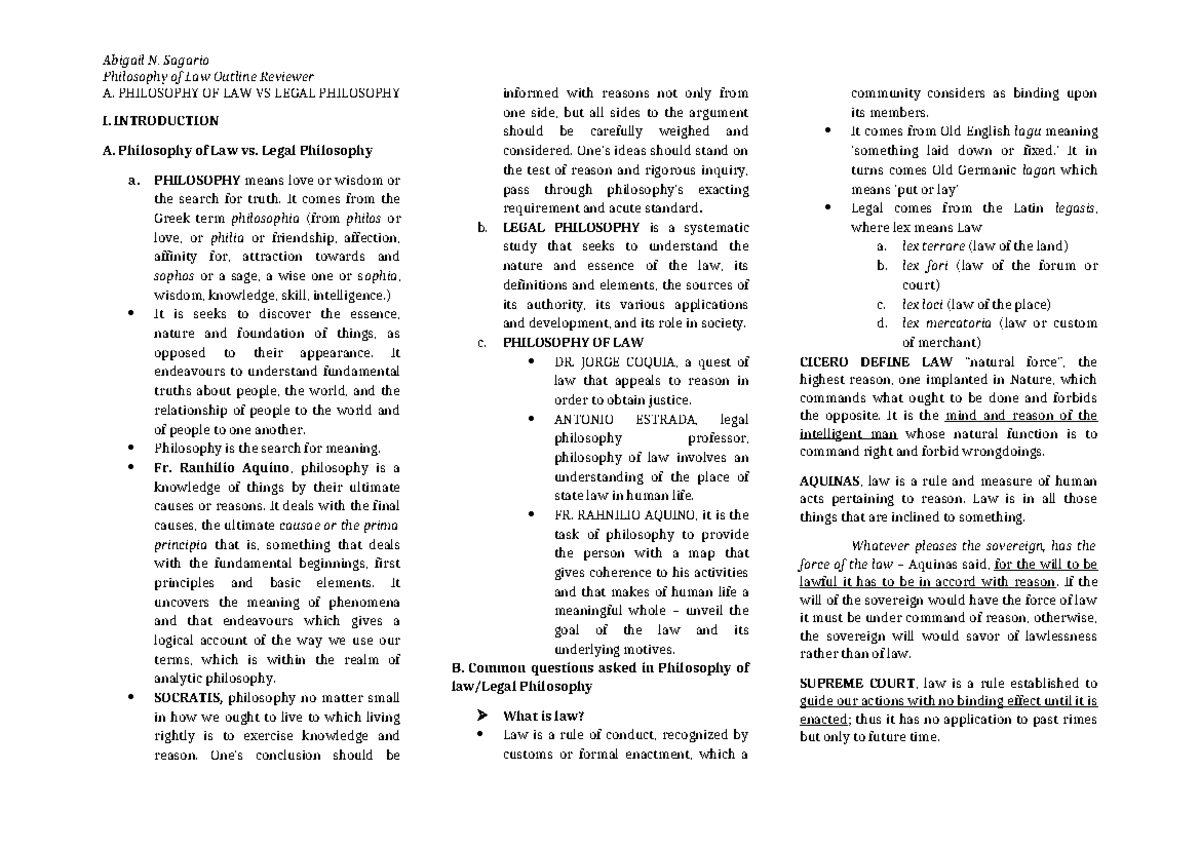 Philo - Philosophy of Law Outline Reviewer A. PHILOSOPHY OF LAW VS ...