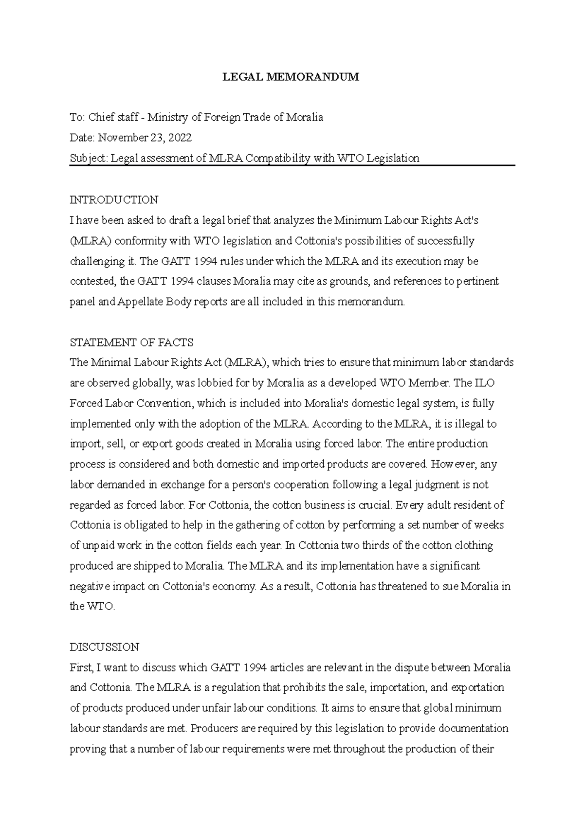 Legal Memorandum essay ITL - LEGAL MEMORANDUM To: Chief staff ...