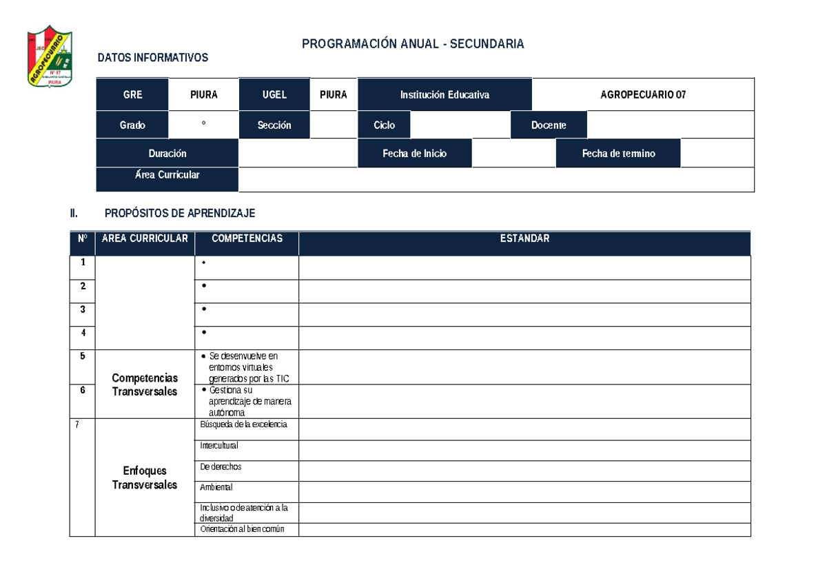 Modelo Programación Anual 2024 - PROGRAMACIÓN ANUAL - SECUNDARIA I. DATOS INFORMATIVOS GRE PIURA ...