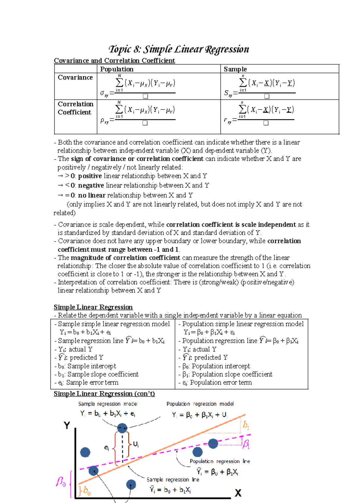 Topic 8 Summary - Topic 8: Simple Linear Regression Covariance and ...