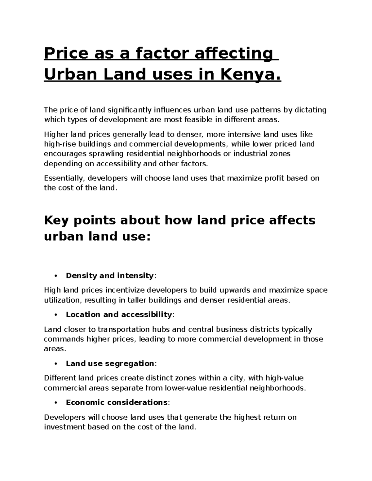Price as a factor affecting Urban Land uses in Kenya - The price of ...
