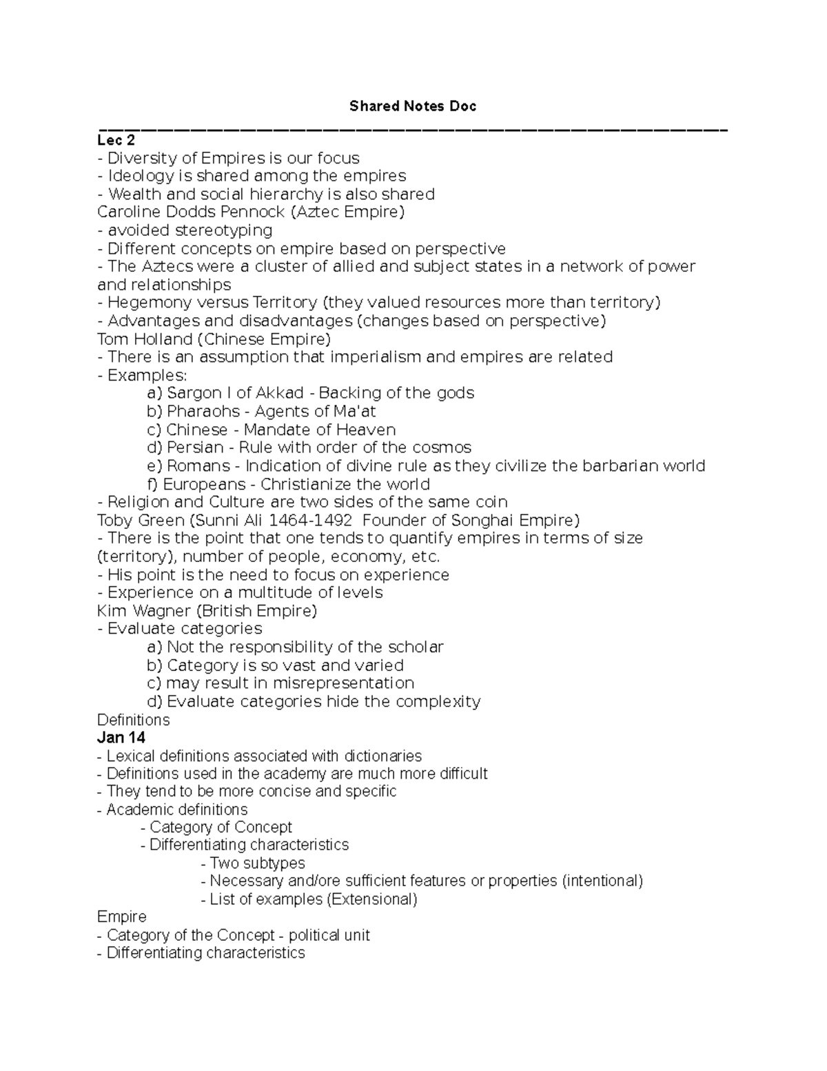 HIST 200 Notes - Shared Notes Doc Lec 2 Diversity of Empires is our ...