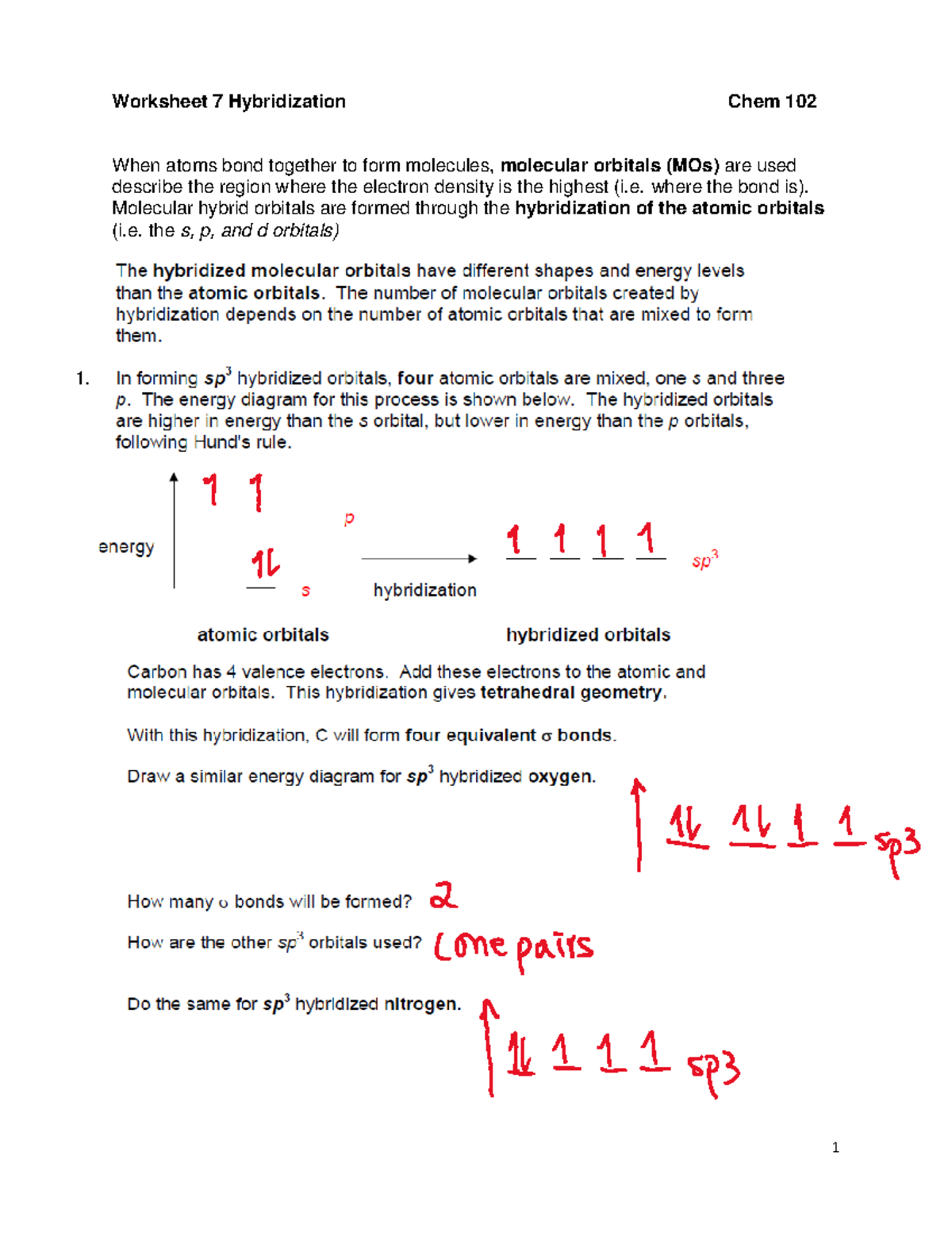 Worksheet 7 Hybridization Key - where the bond is). Molecular hybrid ...