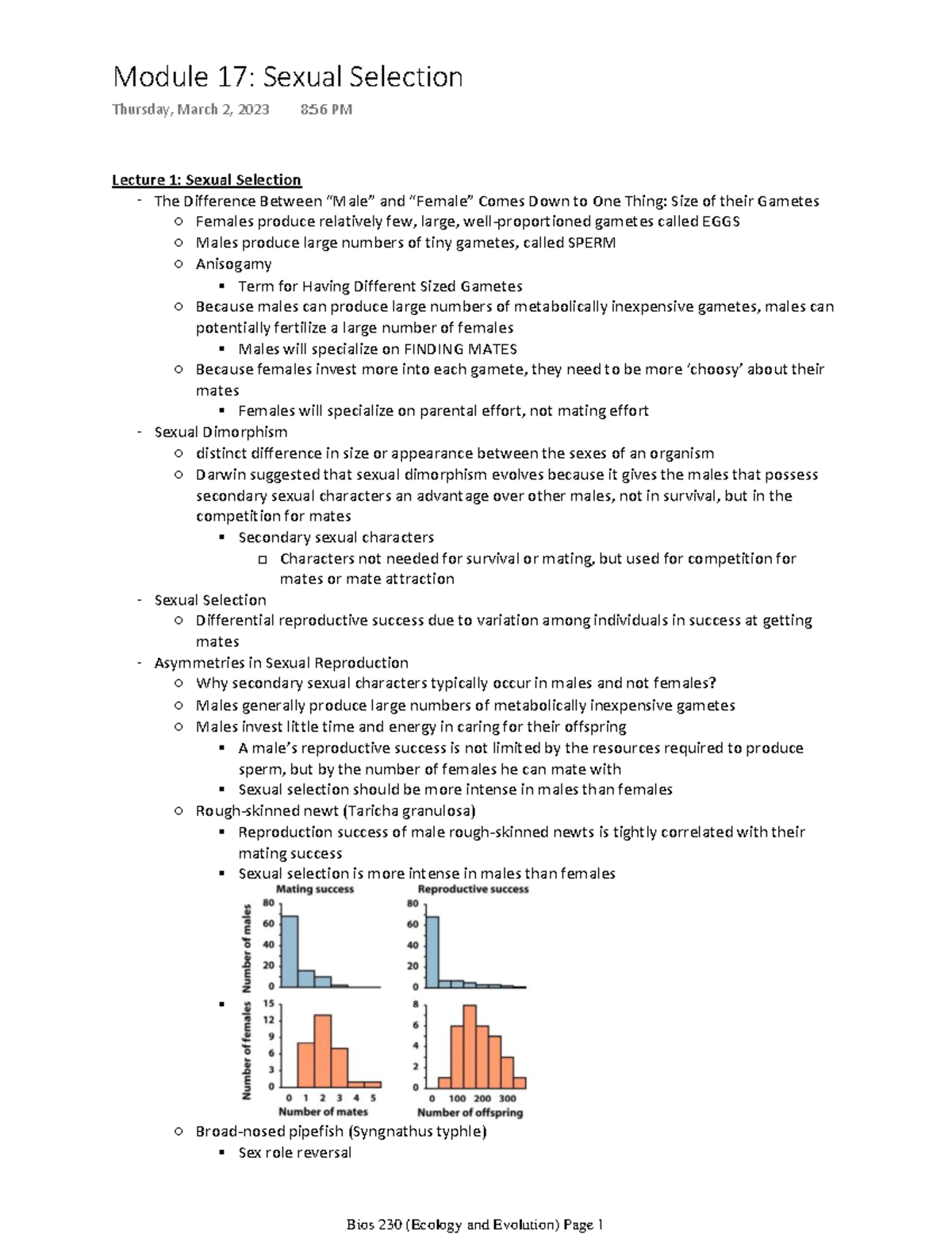 Bios 230 (Ecology and Evolution) Module 17 - Lecture 1: Sexual ...