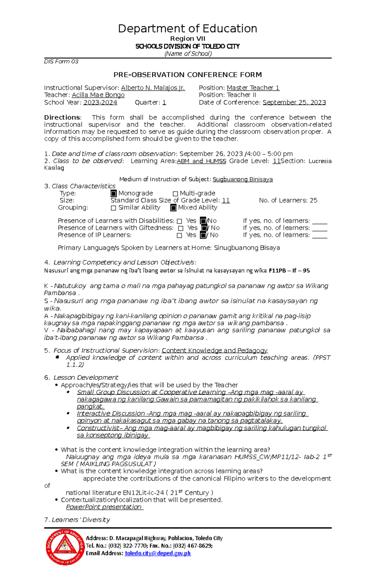 DIS-Form-03-Pre-Observation ( 1st COT ) - Department of Education ...